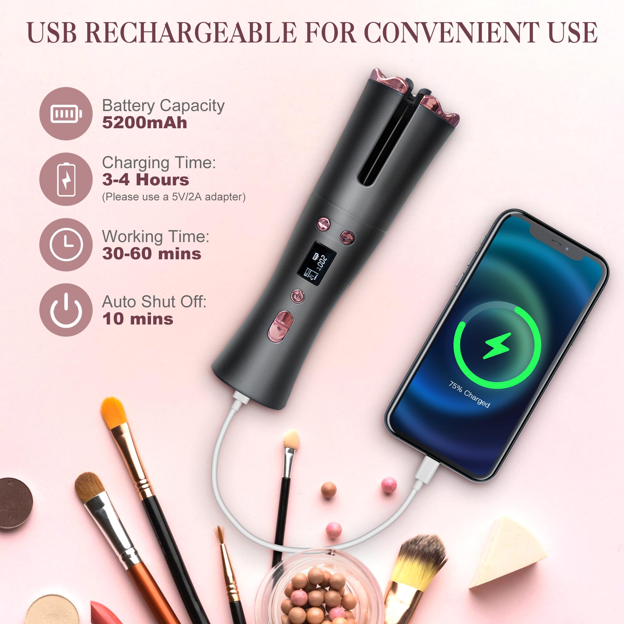 Yebicola Automatic Curling Iron, Cordless Curling Iron Automatic Hair Curler with 6 Temps & Timers, Auto Shut-Off Rechargeable, Ceramic Portable Curling Iron for Fine Medium Hair Mother's Day