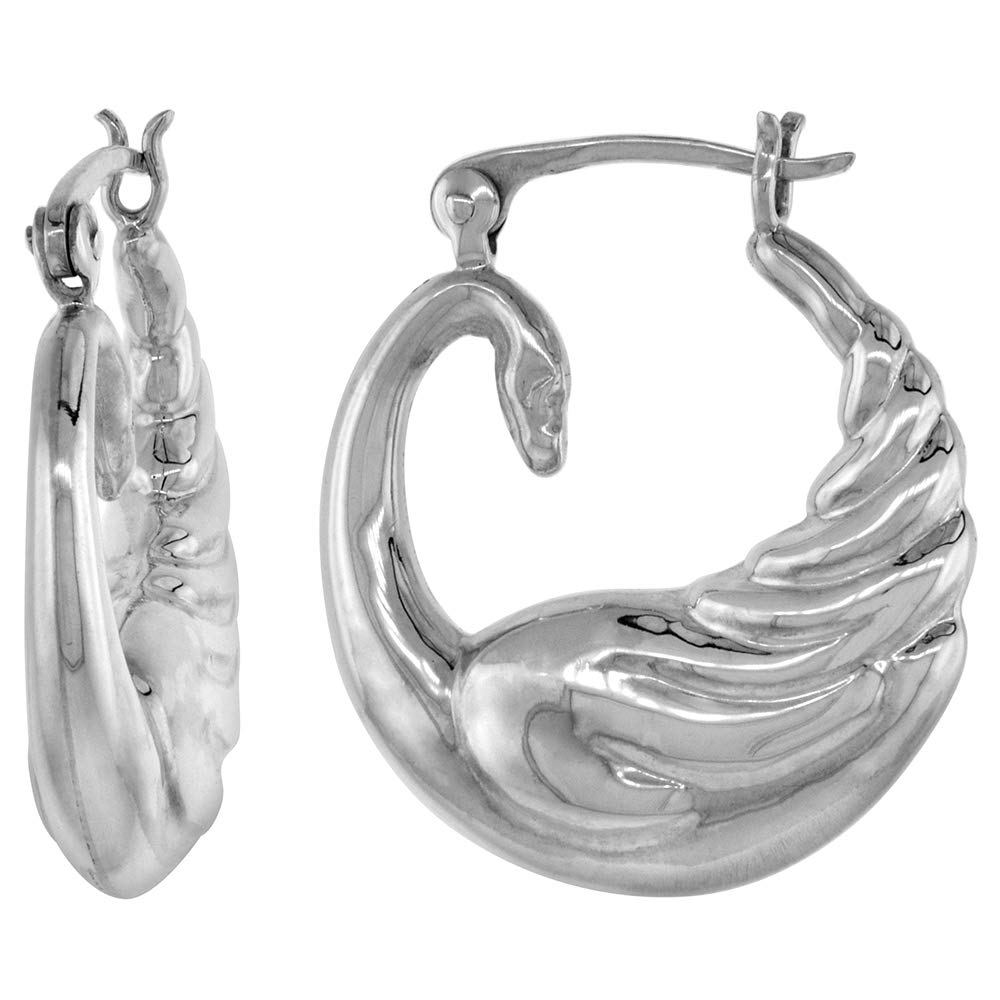 Sterling Silver Large Swan Hoop Earrings for Women Click Top High Polished 1 1/8 inch