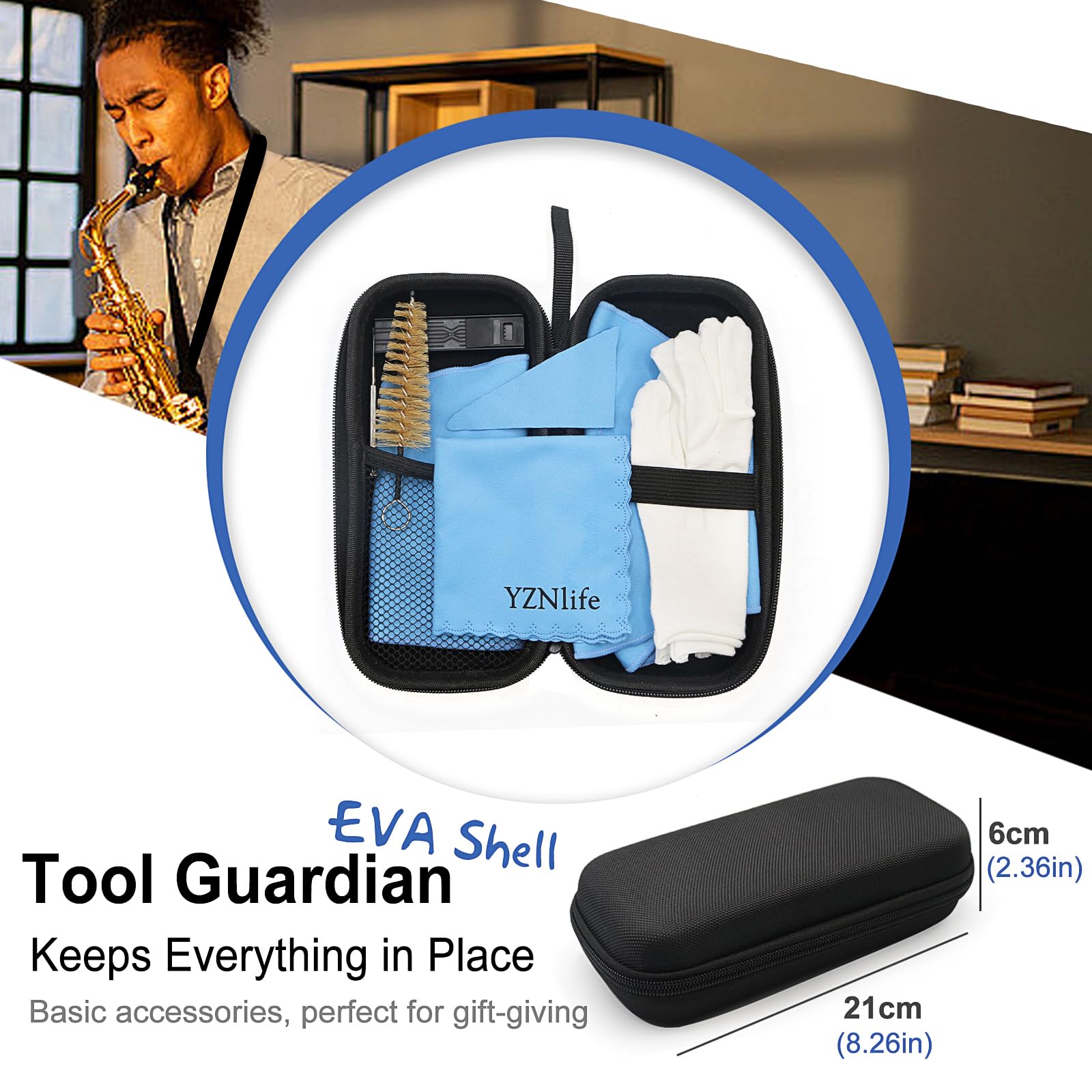 YZNlife Saxophone Cleaning kit with Case for Alto Tenor Clarinet Flute and other Wind & Woodwind Struments Including Sax Cleaning Cloth(4pcs),Mouthpiece Brush Thumb Rest Cushion Reed Case,(Blue)
