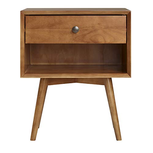 Walker Edison Mid Century Modern Wood Nightstand Side Table Bedroom Storage Drawer and Shelf Bedside End Table, 1 Drawer, Caramel