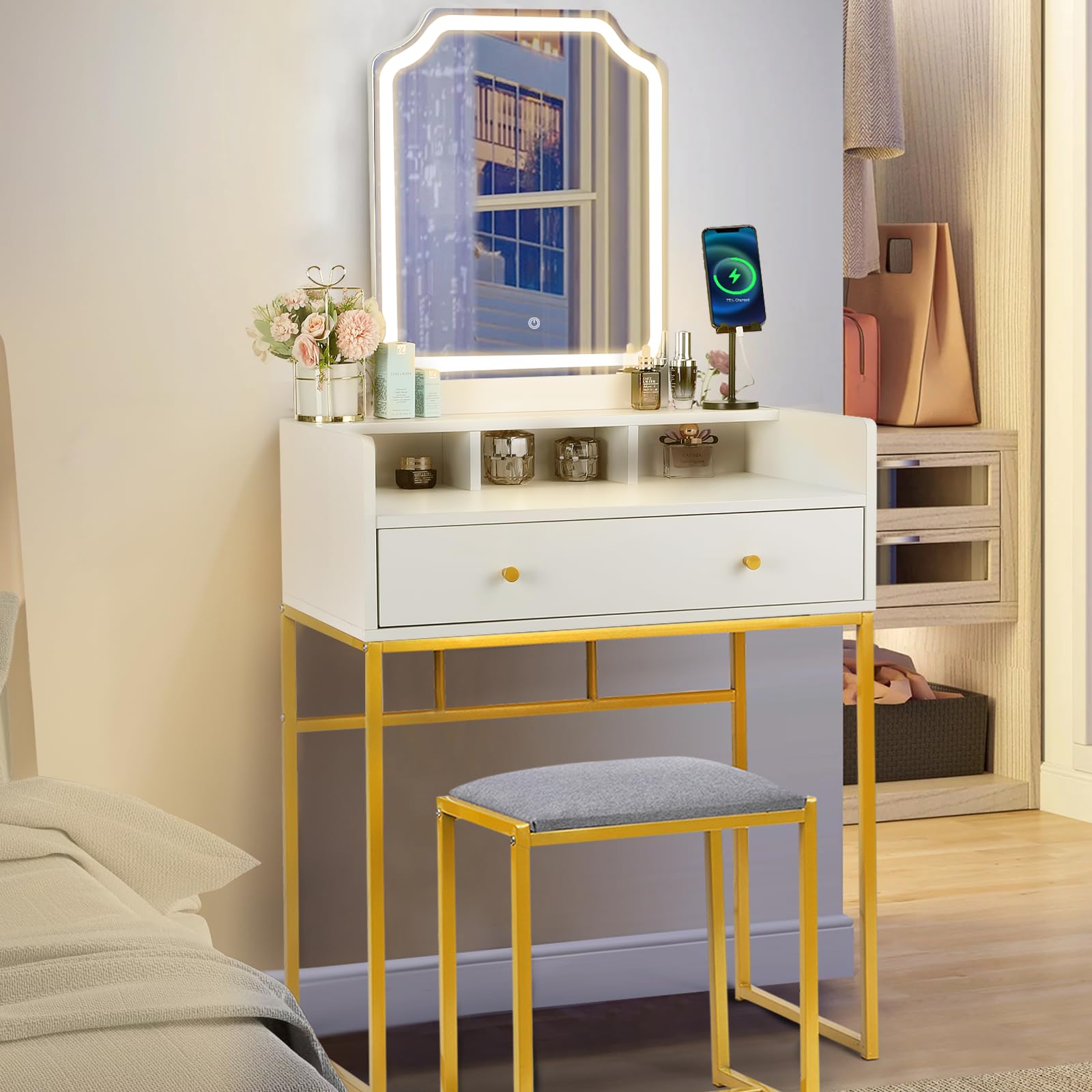 VOWNER Makeup Vanity Desk with Lighted Mirror, 3 Color Dimmable Vanity Table Set for Bedroom with Power Outlet, Drawer & Cushioned Stool, White, VOWNER-171