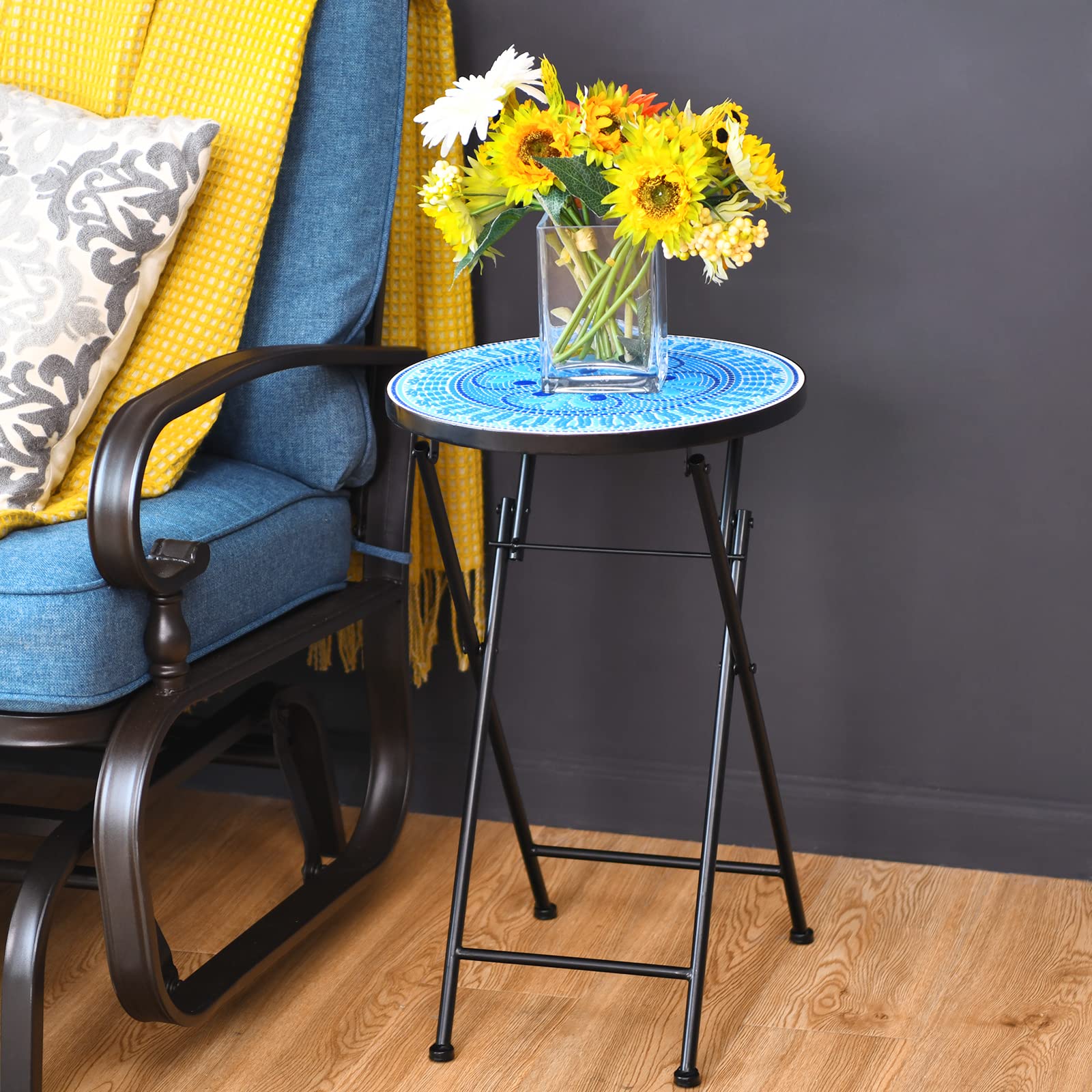 Tangkula 22”H Mosaic Plant Stand, Folding Outdoor Side Table, Round Patio End Table, 14” Ceramic Tile Top Metal Frame, Small Bistro Coffee Table, Outdoor Indoor Accent Table for Porch Garden Balcony
