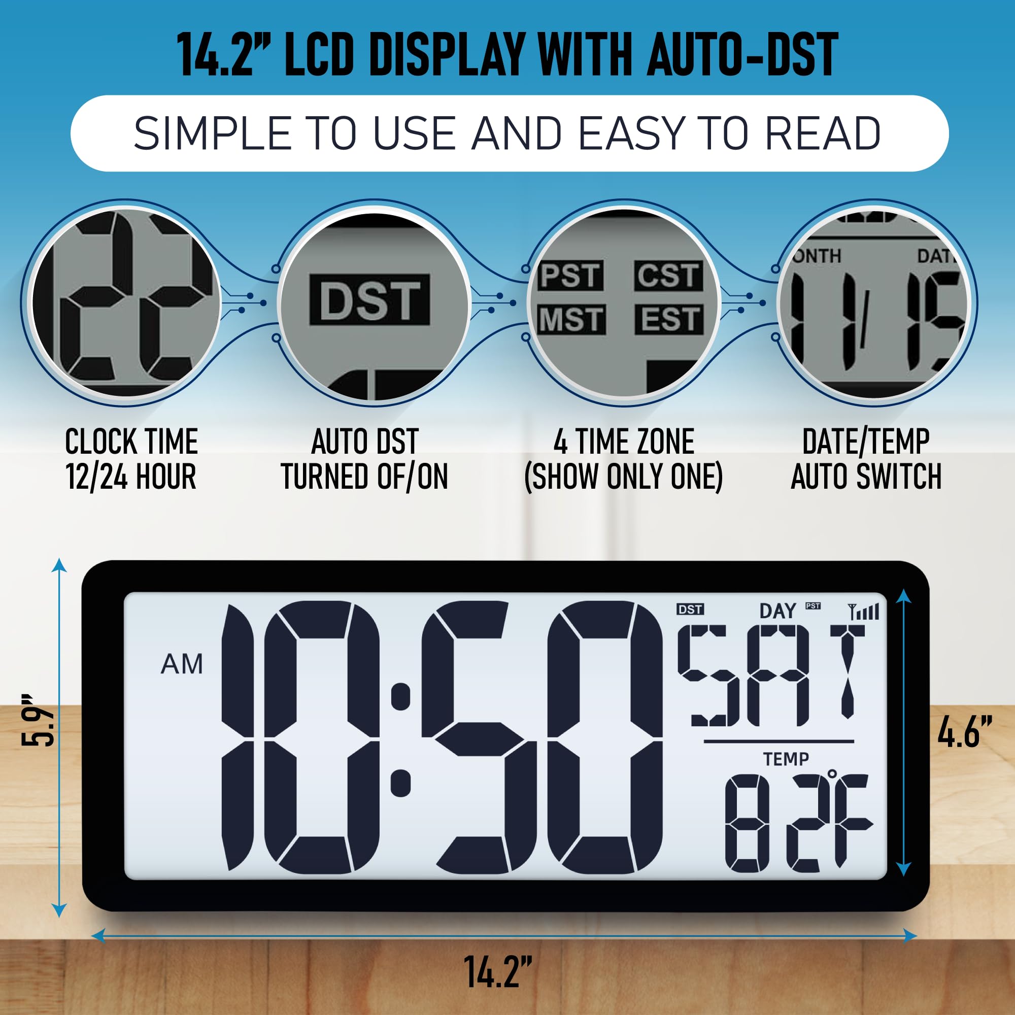 TXL Large Digital Wall Clock with Backlight, 14.17" Battery Operated Alarm Clock with Day, Date & Temperature, Jumbo Display Digital Count Up Down Timer Clock for Seniors, Home