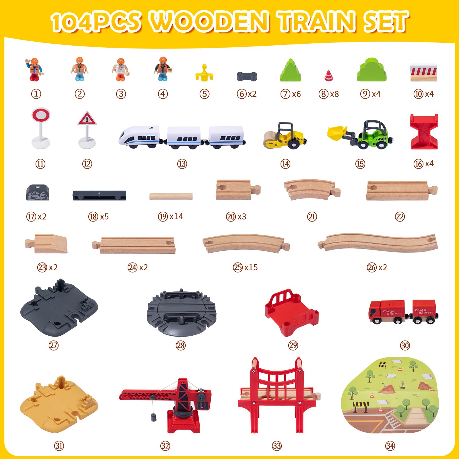TUKELER Wooden Train Set for Toddler 104pcs, Themed Urban Engineering Train Track Toys for Aged 3+, Double Sided Wooden Train Track, Compatible with Thomas, Brio, Chuggington, Melissa and Doug