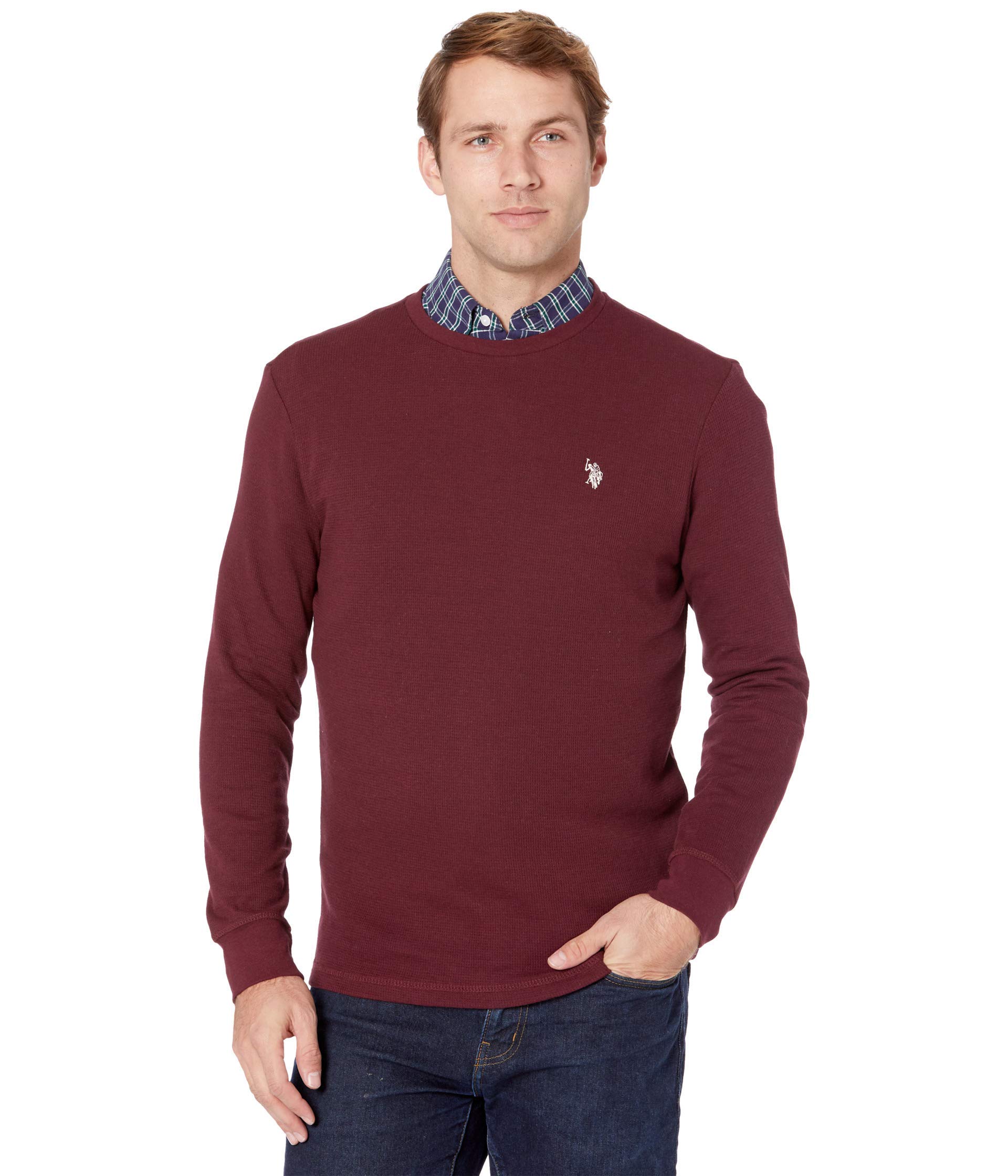 U.S. Polo Assn. Long Sleeve Crew Neck Solid Thermal Shirt Wine Heather MD