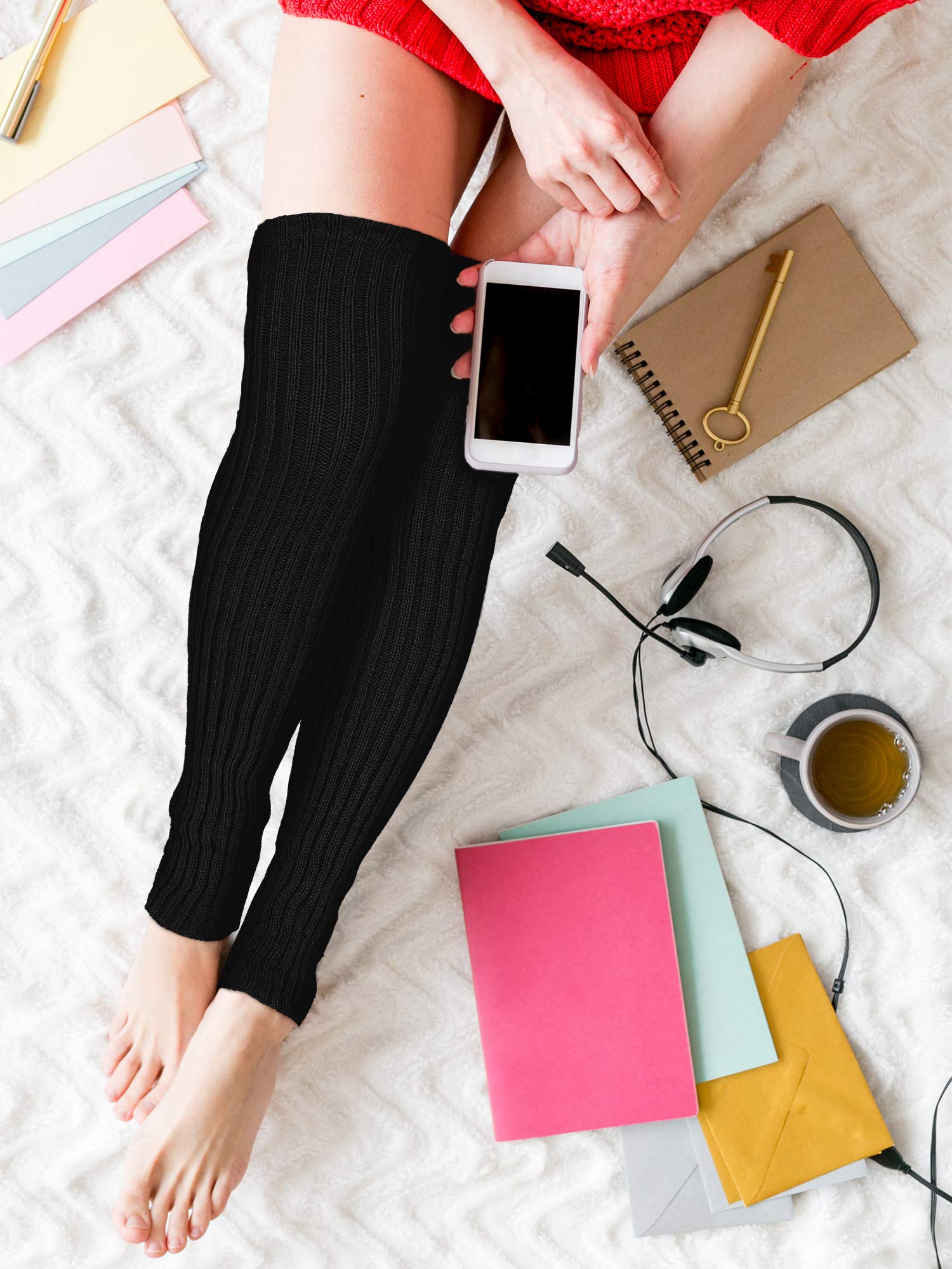 Sumind 2 Pairs Women Long Stirrup Leg Warmers Winter Knitted Over Knee Thigh High Long Socks 80s (Black and White)