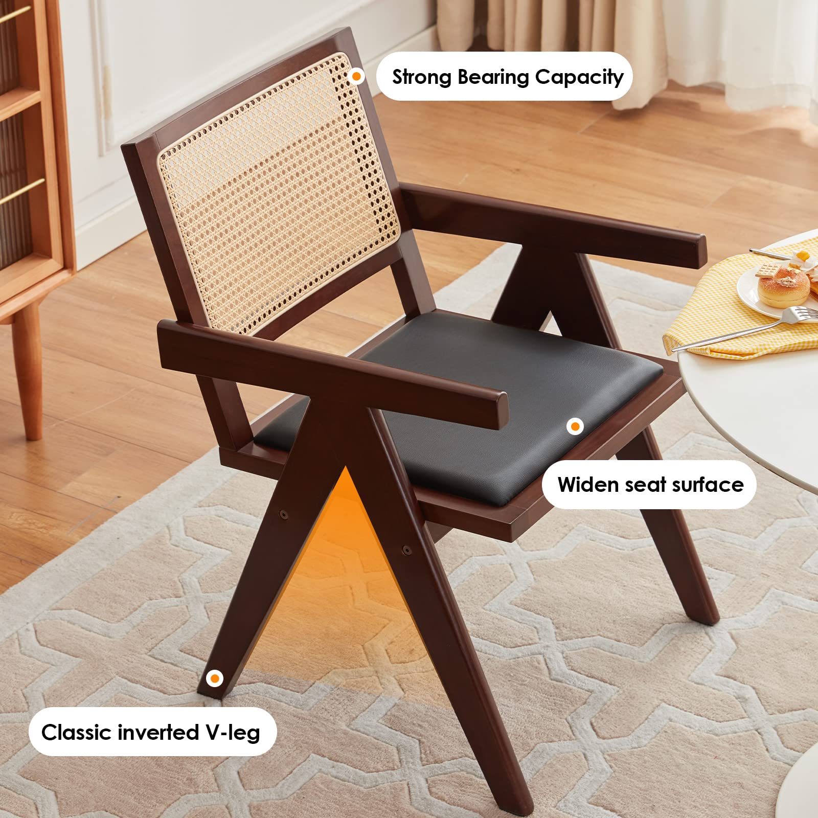 STARY Mid Century Modern Leather Rattan Dining Room Chair, 1 Pcs, Black-1