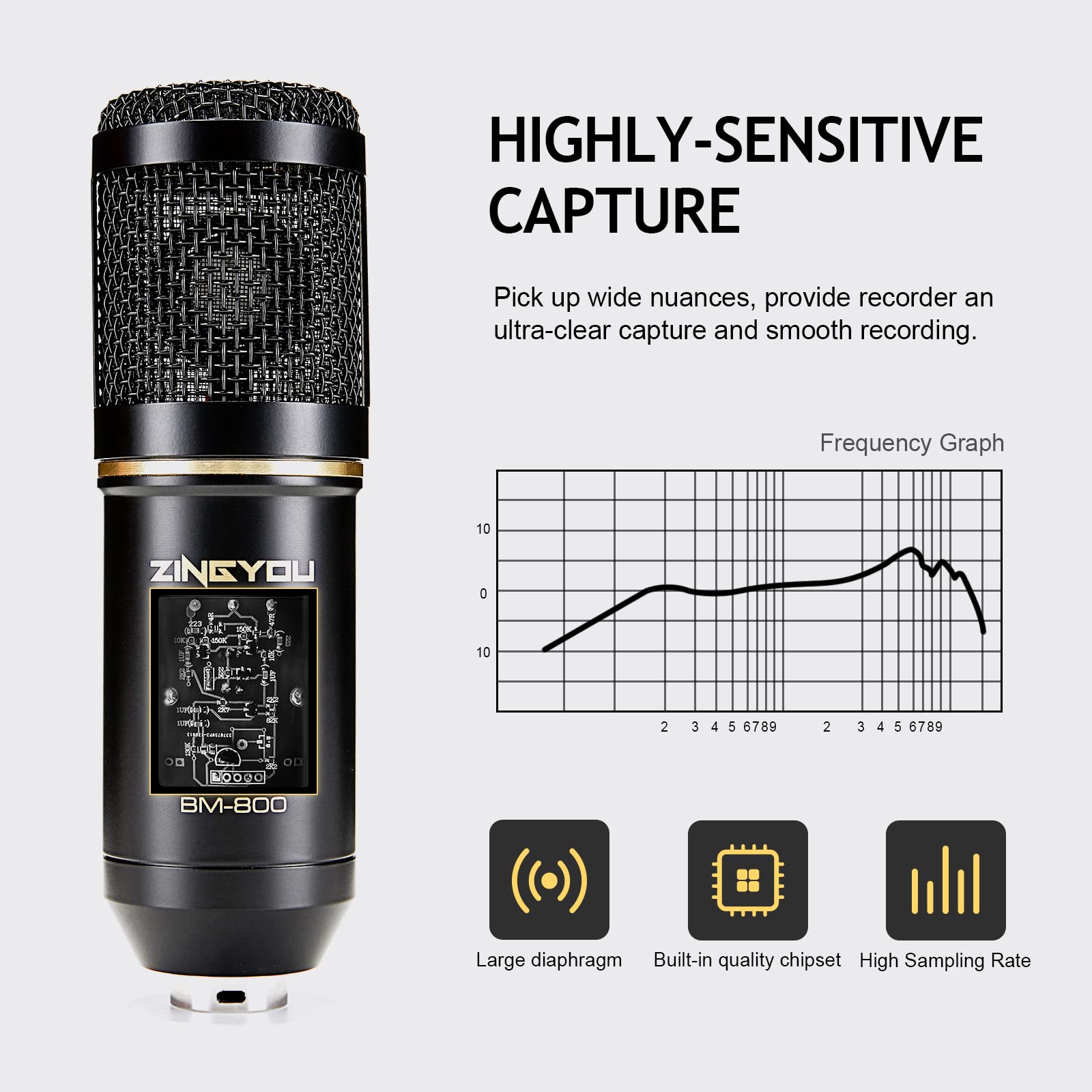 ZINGYOU Condenser Microphone Bundle, BM-800 Mic Set for Studio Recording & Brocasting (Microphone Kit (Black))
