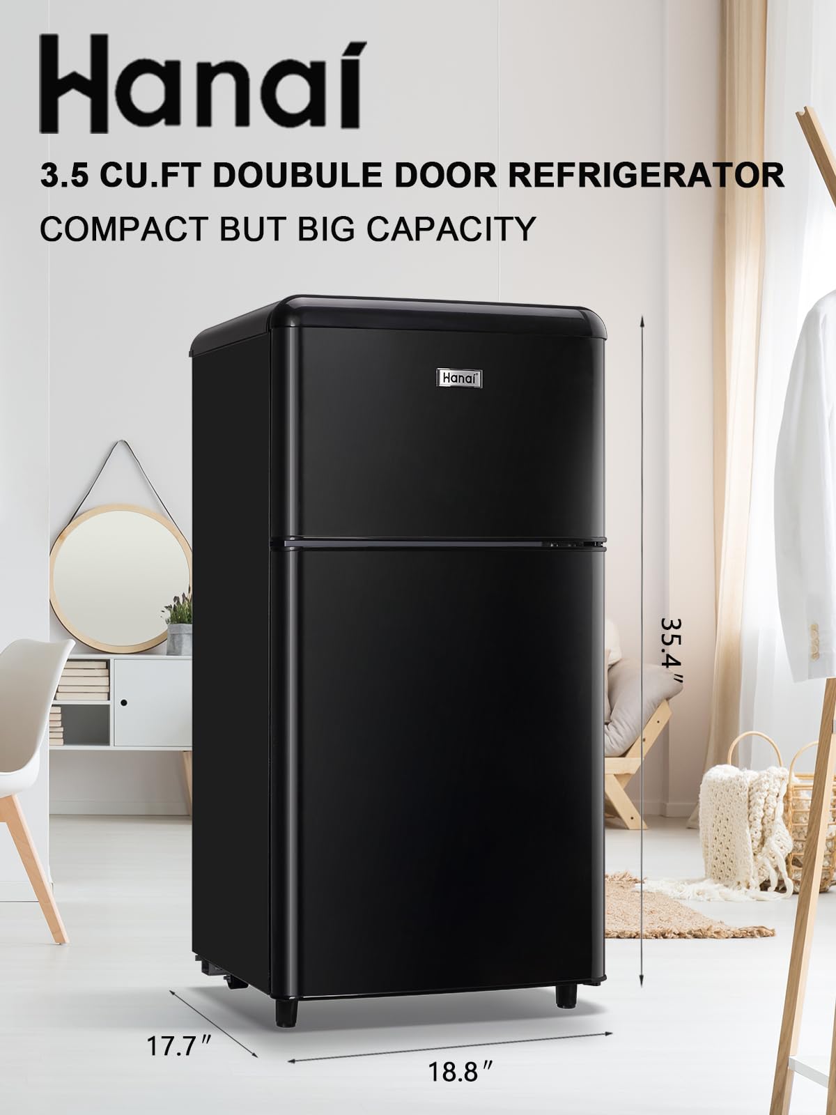WANAI Compact Refrigerator 3.5 Cu.Ft Retro Black Fridge With Freezer 2 Door Mini Refrigerator with 7 TEMP Modes, LED Lights, Removable Shelves, Ideal for Apartment Dorm and Office, Black