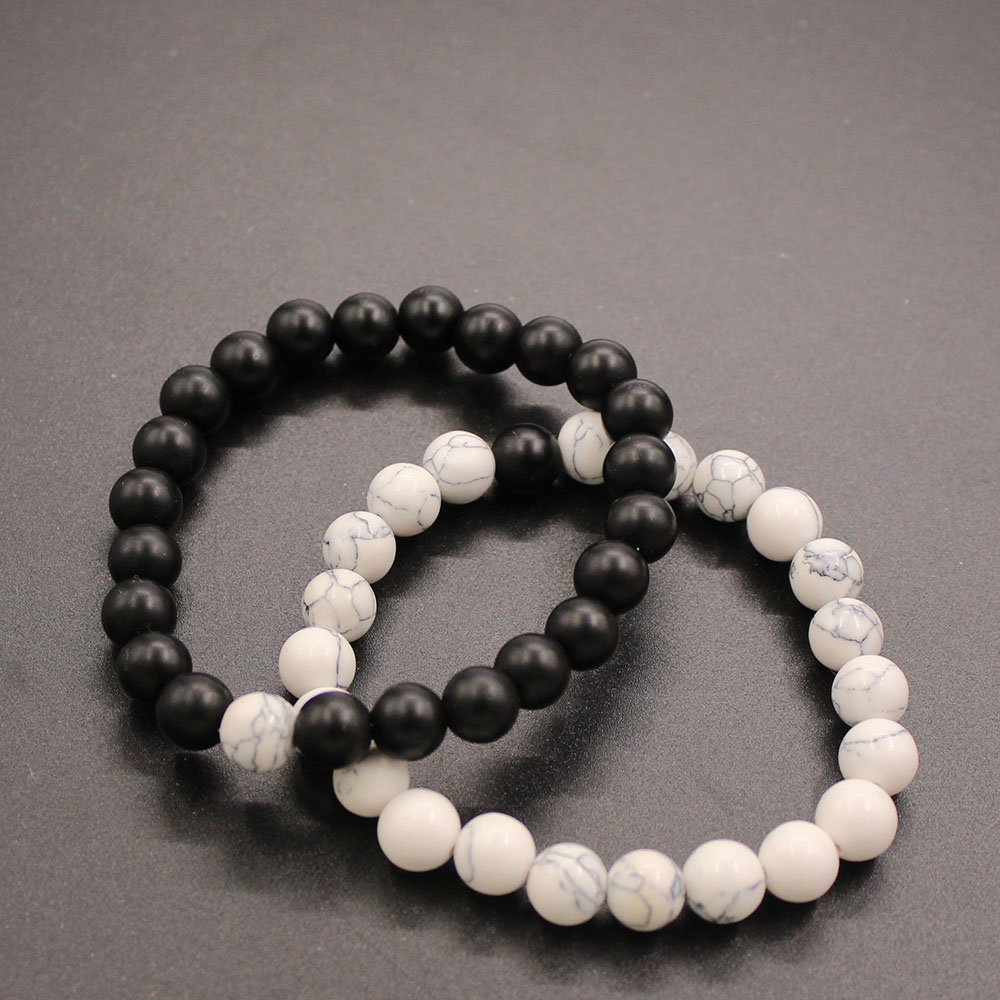 UEUC Distance Couple Bracelet His and Hers Black Matte Agate & White Stone 8mm Beads Bracelet