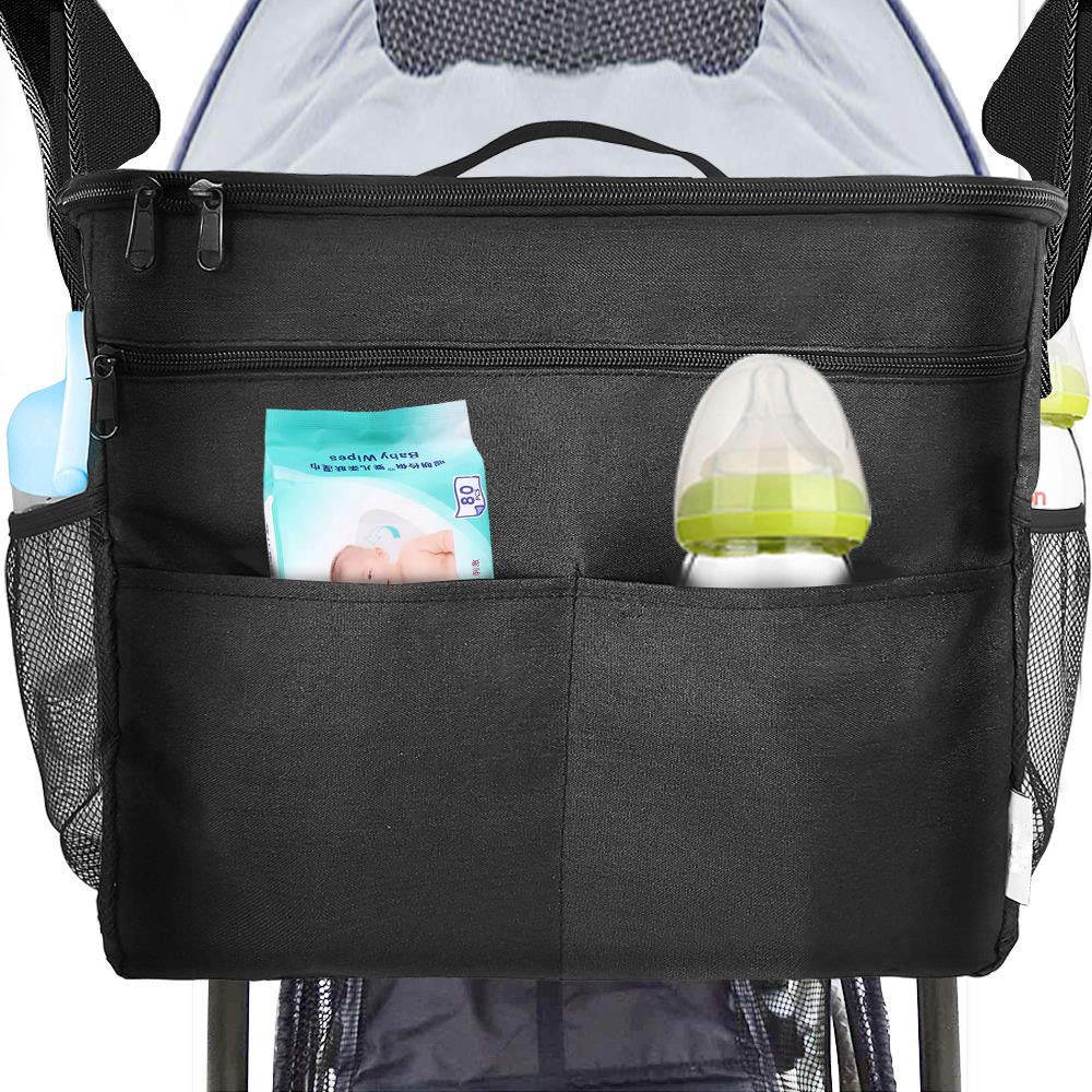 XBERSTAR Parents Organizer Bag,Universal Fit for All Baby Storage Multiple Pockets Zipper,Carrying Bottles,Diapers,Toys and Snacks (Black)