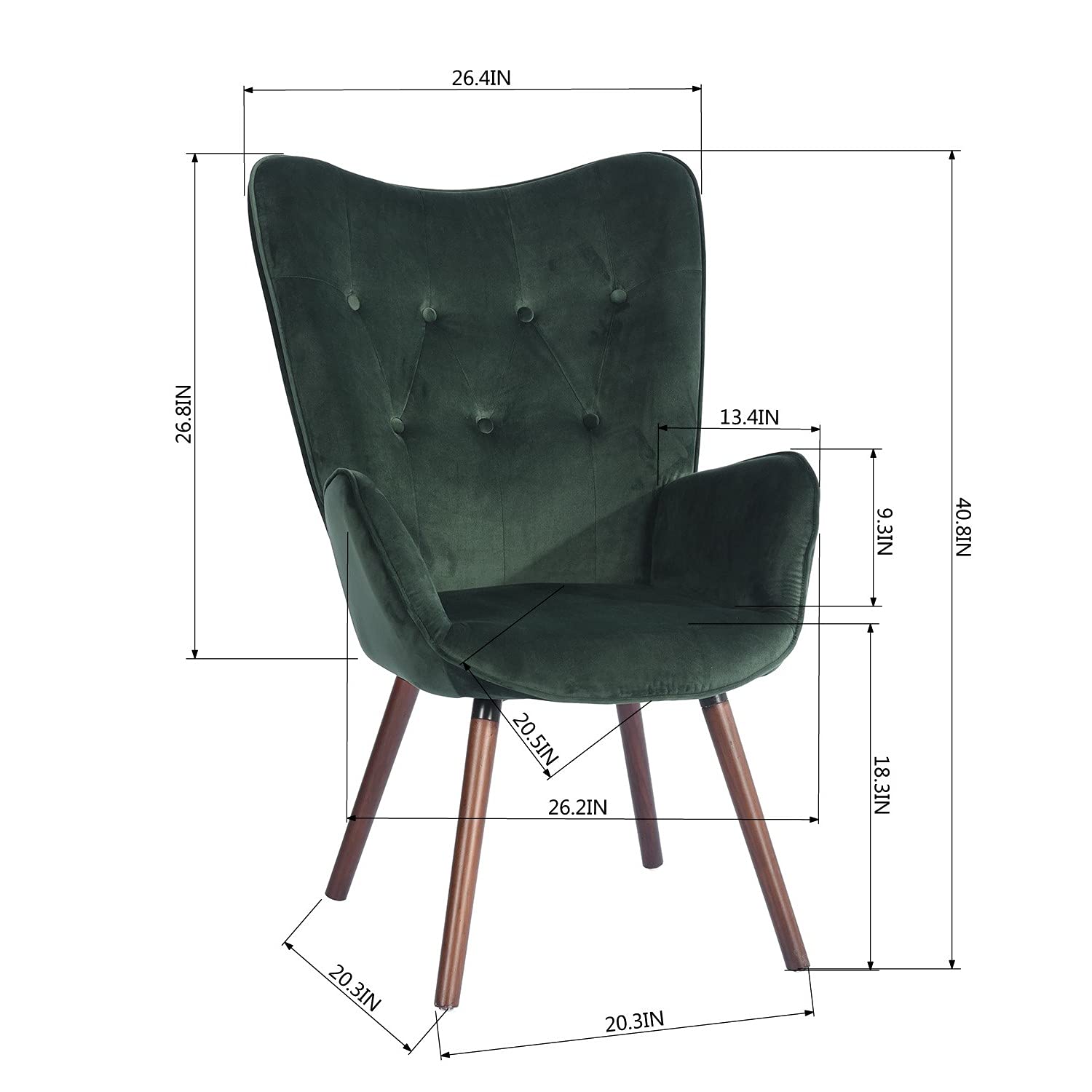 Velvet Accent Chair, Upholstered High Backrest Arm Chair with Modern Button-Tufted Wingback and Solid Wood Legs for Living Room Bedroom Lounge, Dark Green