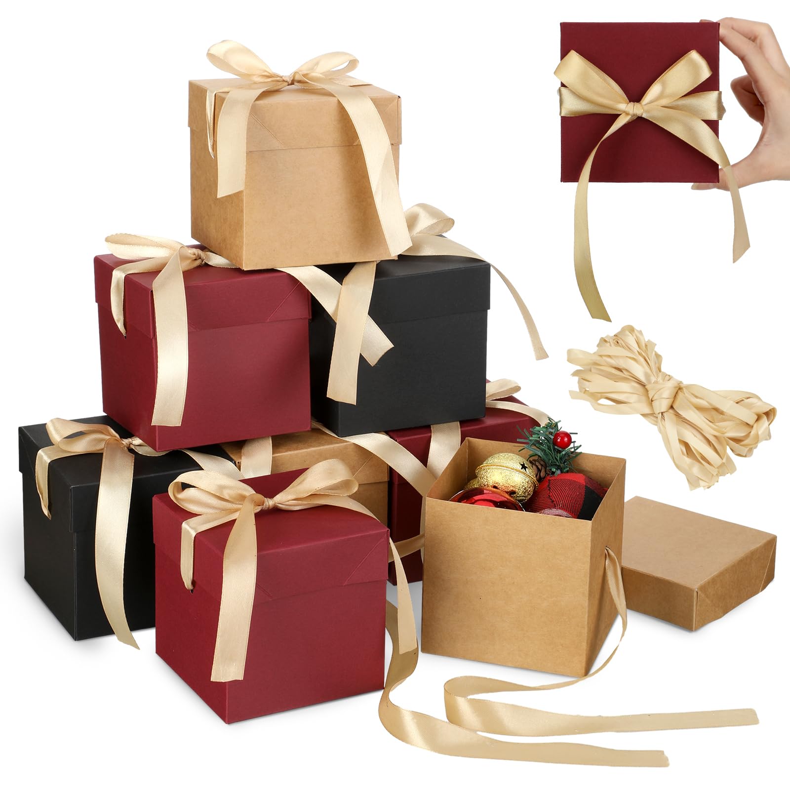 Zhanmai 30 Pcs Small Gift Boxes with Lids 4 Inch Squared Christmas Gift Boxes with Gold Ribbon Packaging Red Brown Black Kraft Favor Boxes for Wedding Birthday Proposal Party