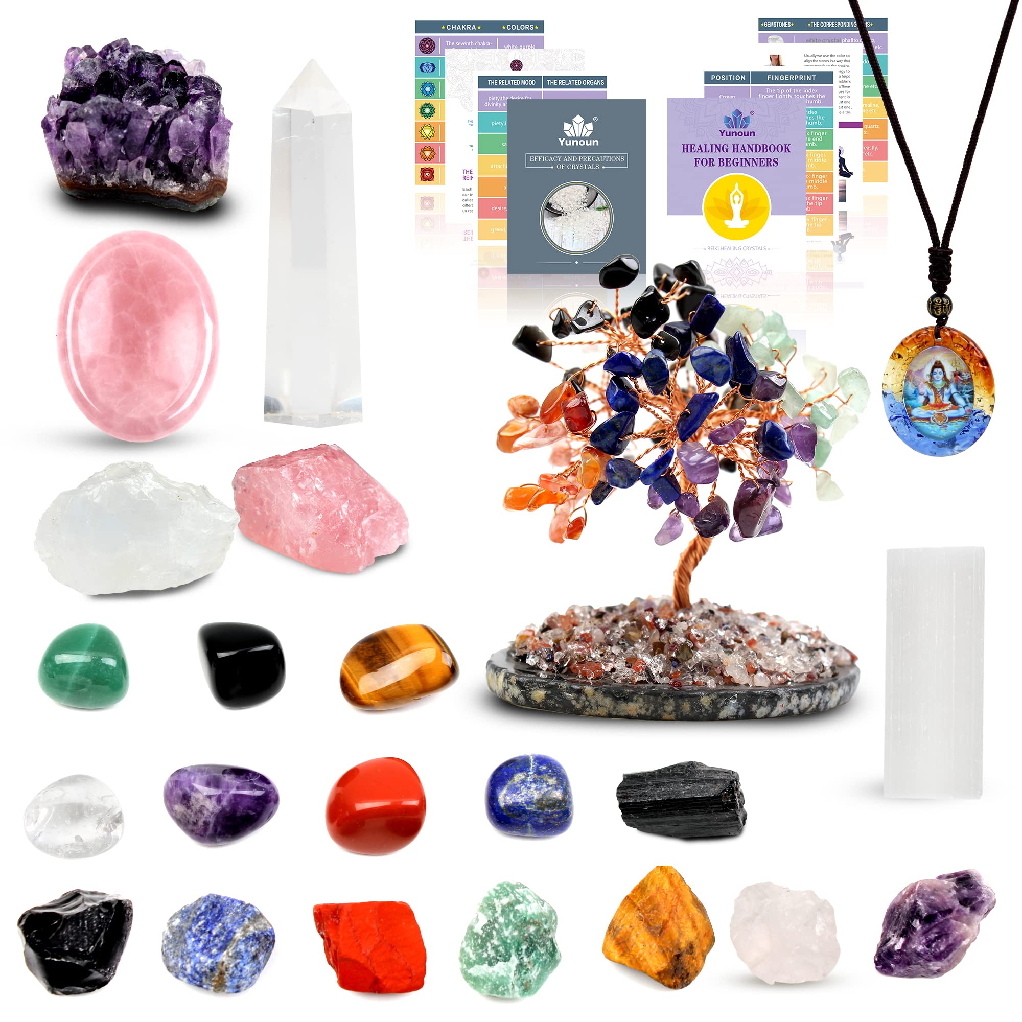 Yunoun Natural Healing Crystals and Chakra Stones Set with Amethyst Cluster, Thumb Worry Stone,Selenite,Pink Crystal Tree, Tourmaline,Large Rose and White Crystal for Cleaning Healing Energy,Reiki