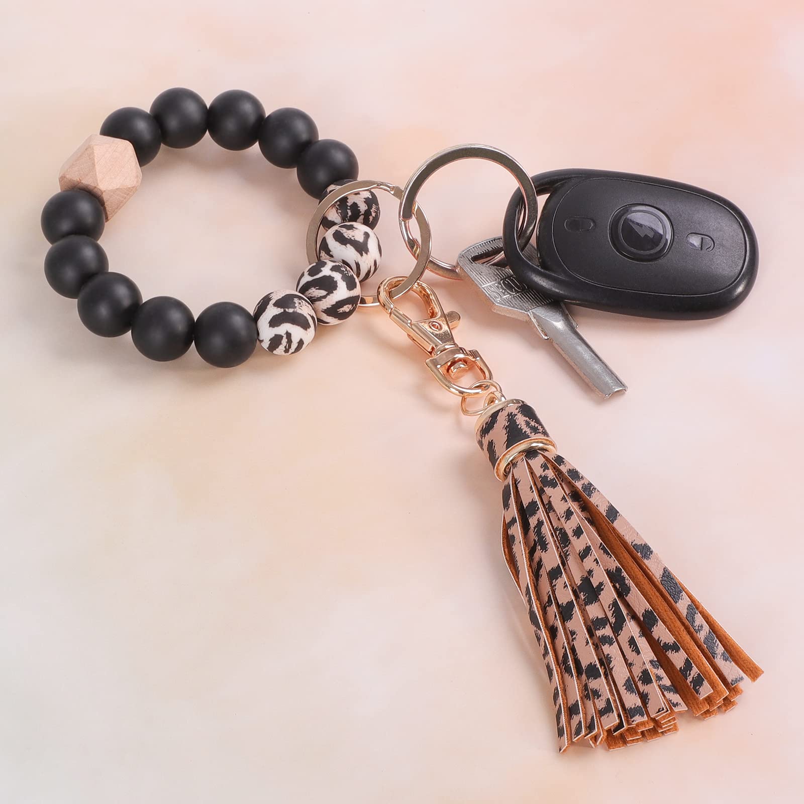 YUOROS Keychains for Women, Silicone Beads Wristlet Keychain Key Ring Bracelet with Tassel (Leopard)