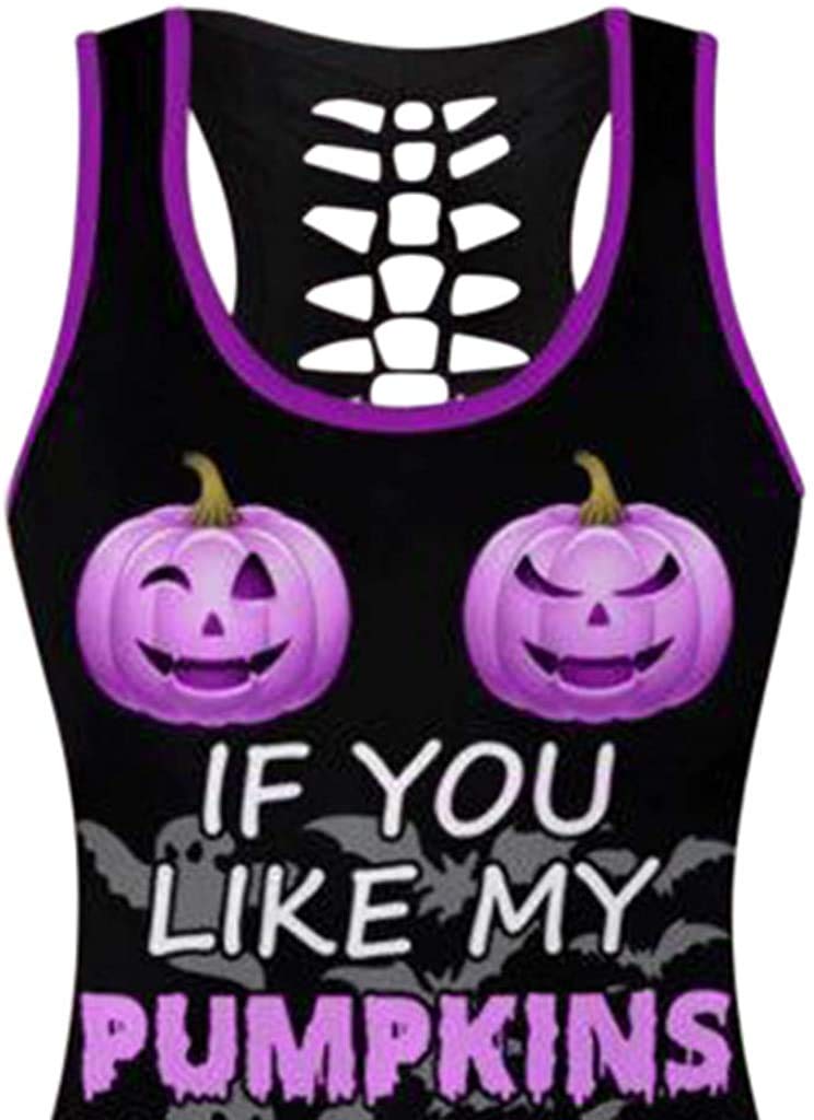 Women's Halloween Sleeveless Tank Top Set If You Like My Pumpkin Printing Drawstring Shorts Stretch Bottoms Suits (Purple, S)