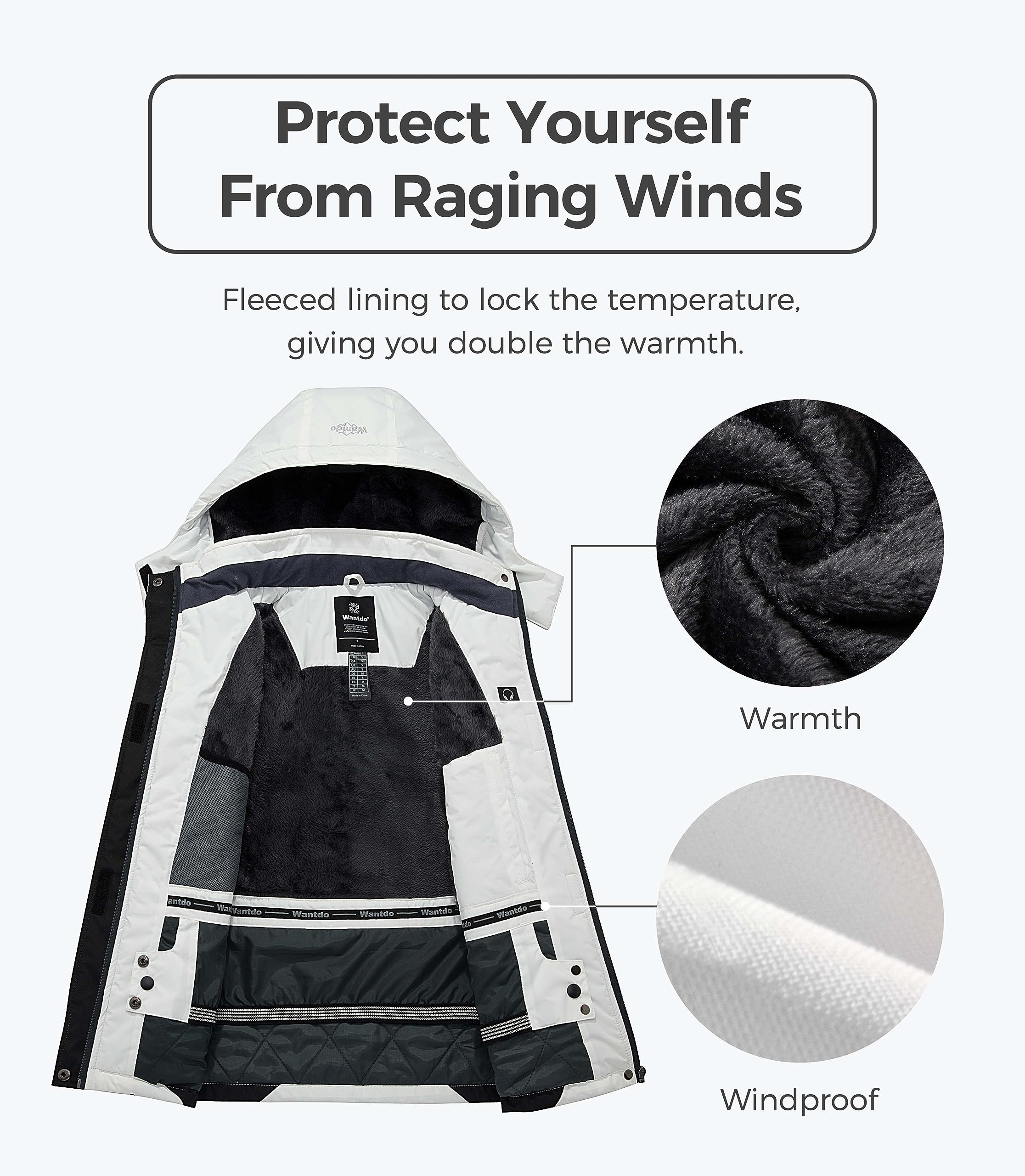 wantdo Women's Warm Winter Coat Waterproof Ski Snowboarding Jacket White & Black Large