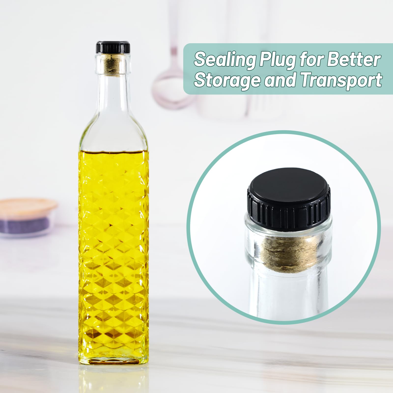 Wongblee 3-Pack Glass Oil Dispenser with Spout, Plug, Funnel, 500ML/17OZ Oil and Vinegar Bottles Set (Square)