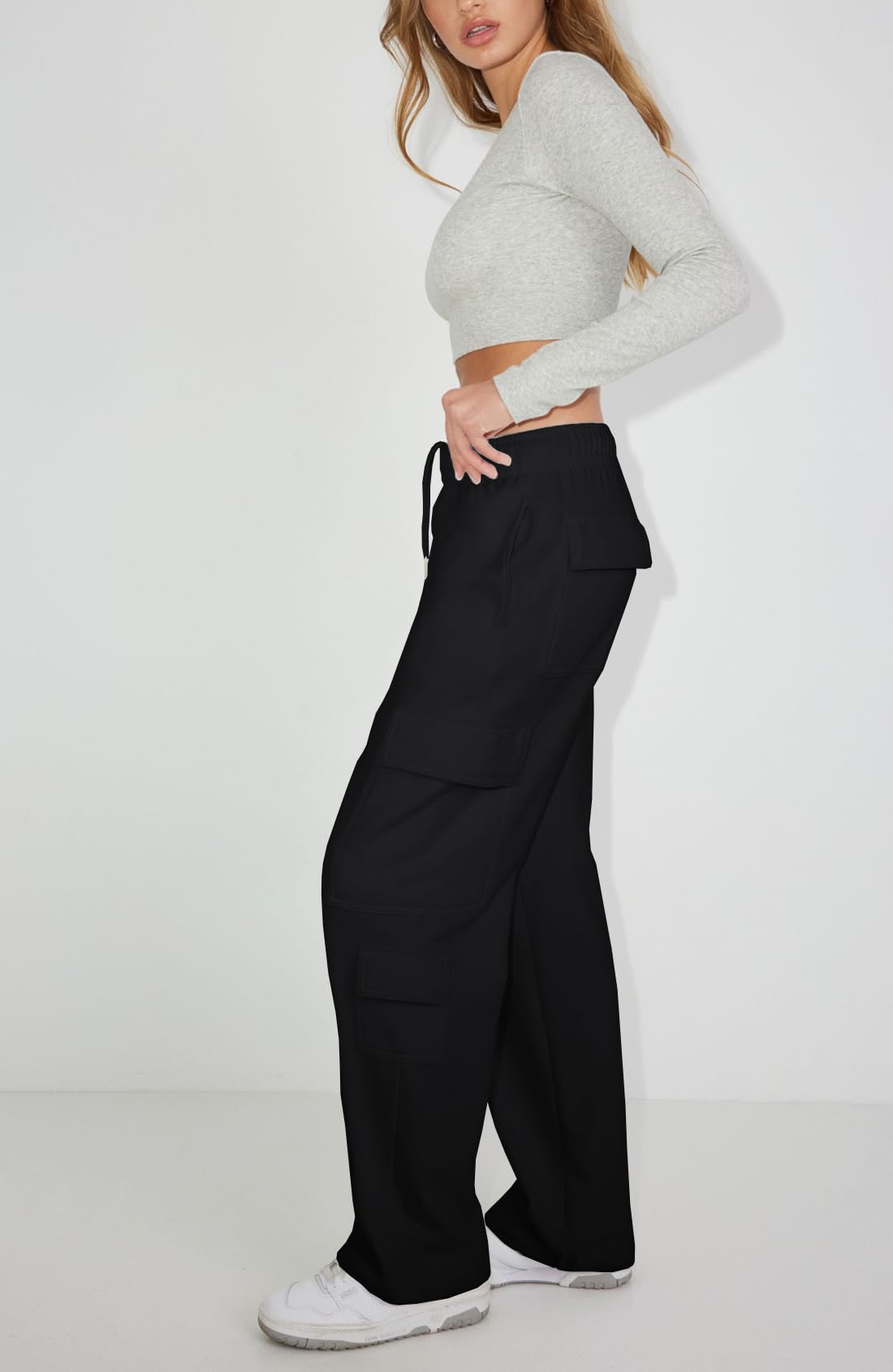 Waitfairy Womens Cargo Sweatpants Casual Baggy High Waisted Joggers Pants Fleece Sweat Pants with Pocket Black M