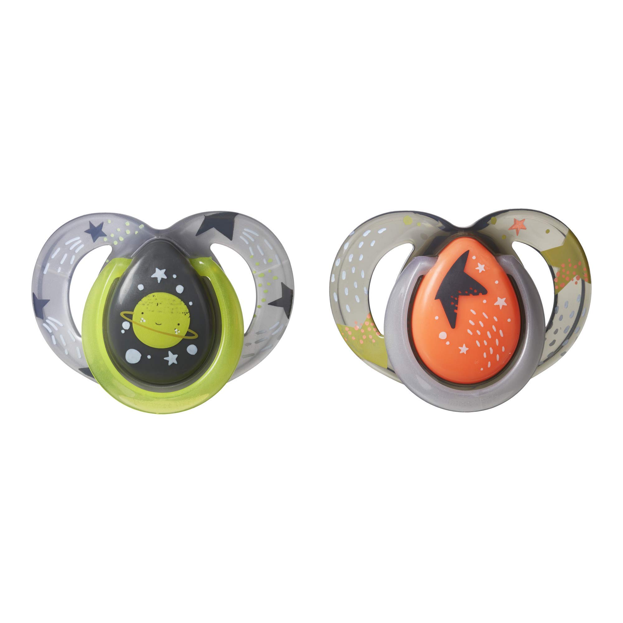 Tommee Tippee Night Time Glow in The Dark Pacifiers, Symmetrical Design, BPA-Free Silicone Binkies, 6-18m, 2-Count, Colors and Designs May Vary