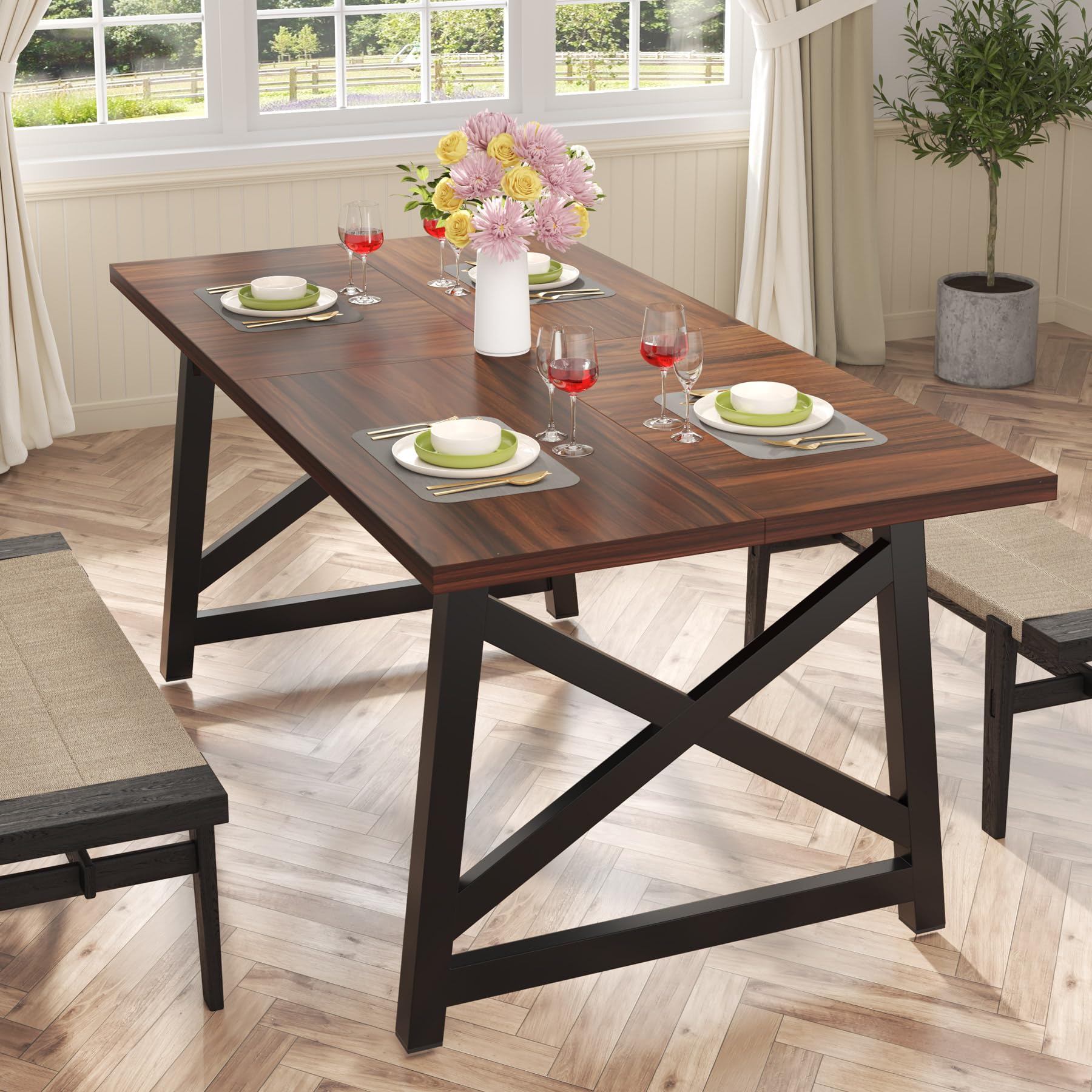 Tribesigns 63 Inch Dining Table for 4 to 6 People, Wood Rectangular Kitchen Dining Room Table, Farmhouse Dinner Table Home Furniture with Metal Legs for Dining Room, Living Room