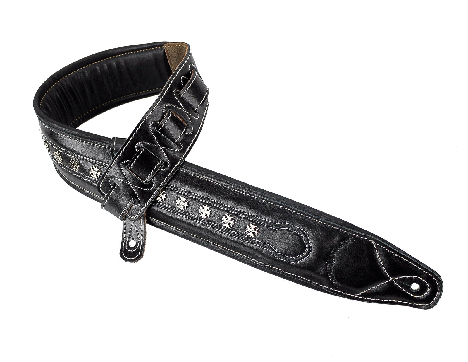 Walker & Williams C-35-BLK Smooth Texture Premium Black Full Grain Leather Soft Padded Guitar Strap with Metal Crosses For Acoustic, Electric, And Bass Guitars