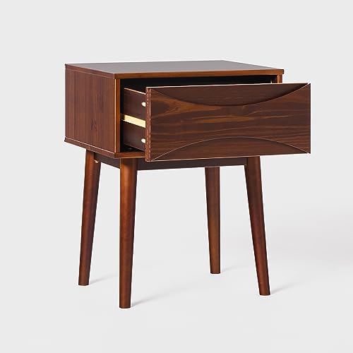 Walker Edison Modern Solid Wood Retro 1-Drawer Nightstand, 25 Inch, Walnut