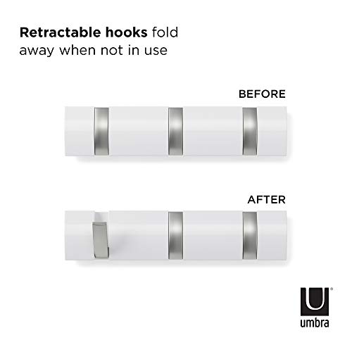 Umbra Flip Wall-Mounted Coat Rack Rail Hook for Hats, Jackets, Bags and More β Modern, Space-Saving Storage Organizer for Entryway, Mudroom, Closet, Bathroom, Bedroom, Kids Room, or Nursery, 3 Hooks, White/Nickel