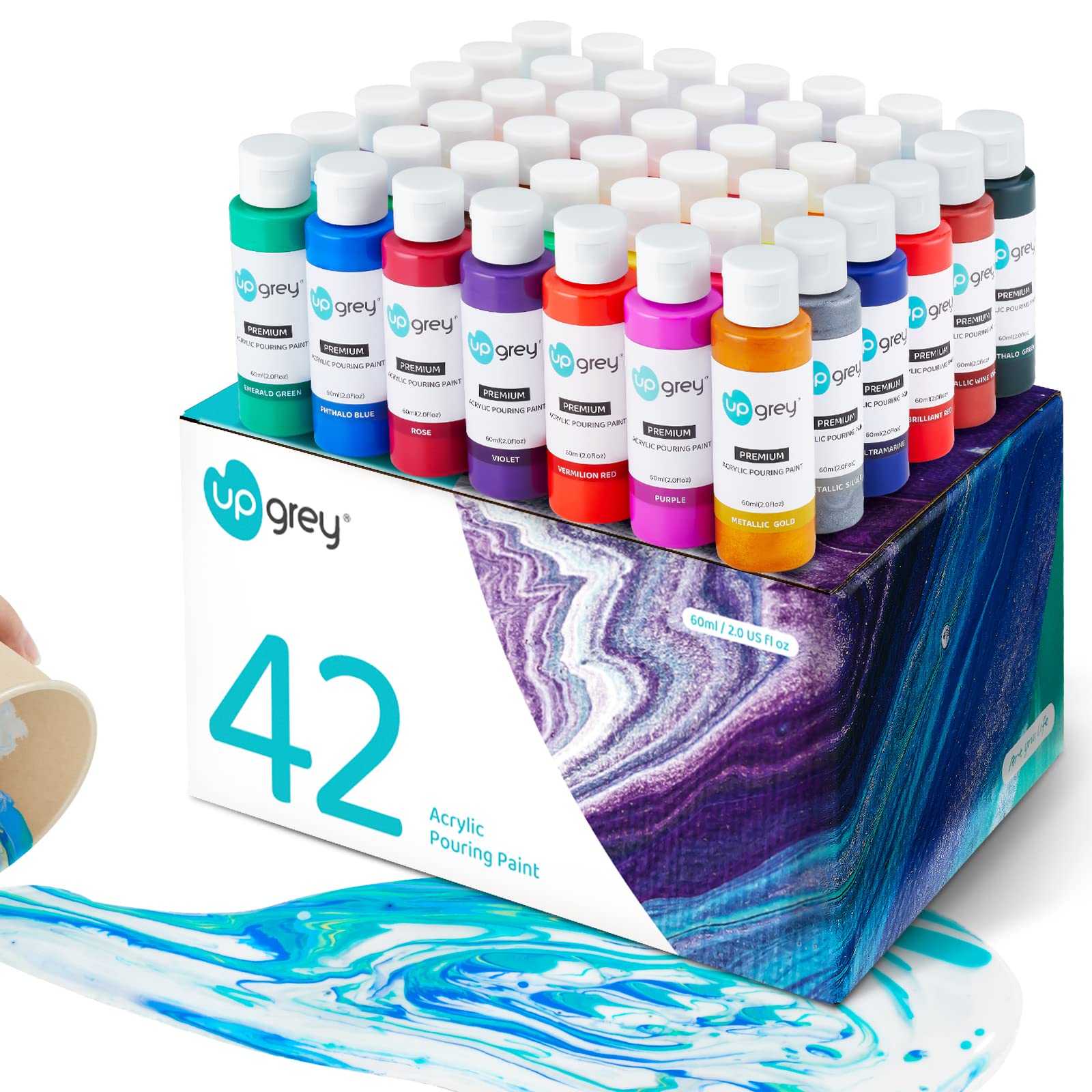 UPGREY 42 Colors Acrylic Pouring Paint Set, High Flow, Non Toxic, Pre-Mixed, 60ml Bottles, Assorted Colors with 4 White, for Canvas, Glass, Paper, Wood, DIY