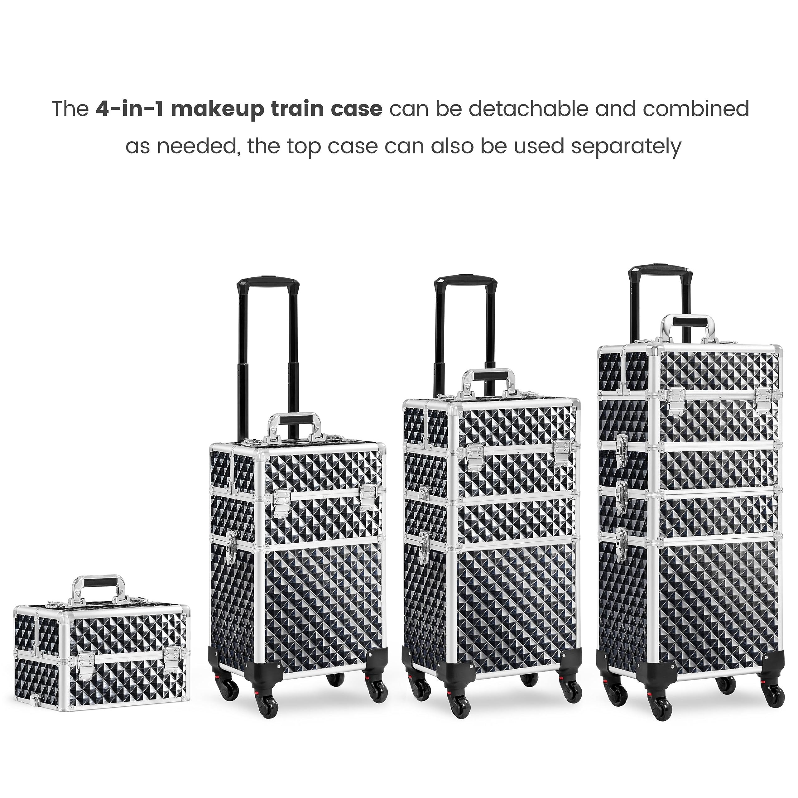 Yaheetech Professional Makeup Train Case 4 in 1 Cosmetic Trolley Nail Tech Travel Case Rolling Makeup Organizer Salon Barber Case with Wheels Hairstylist