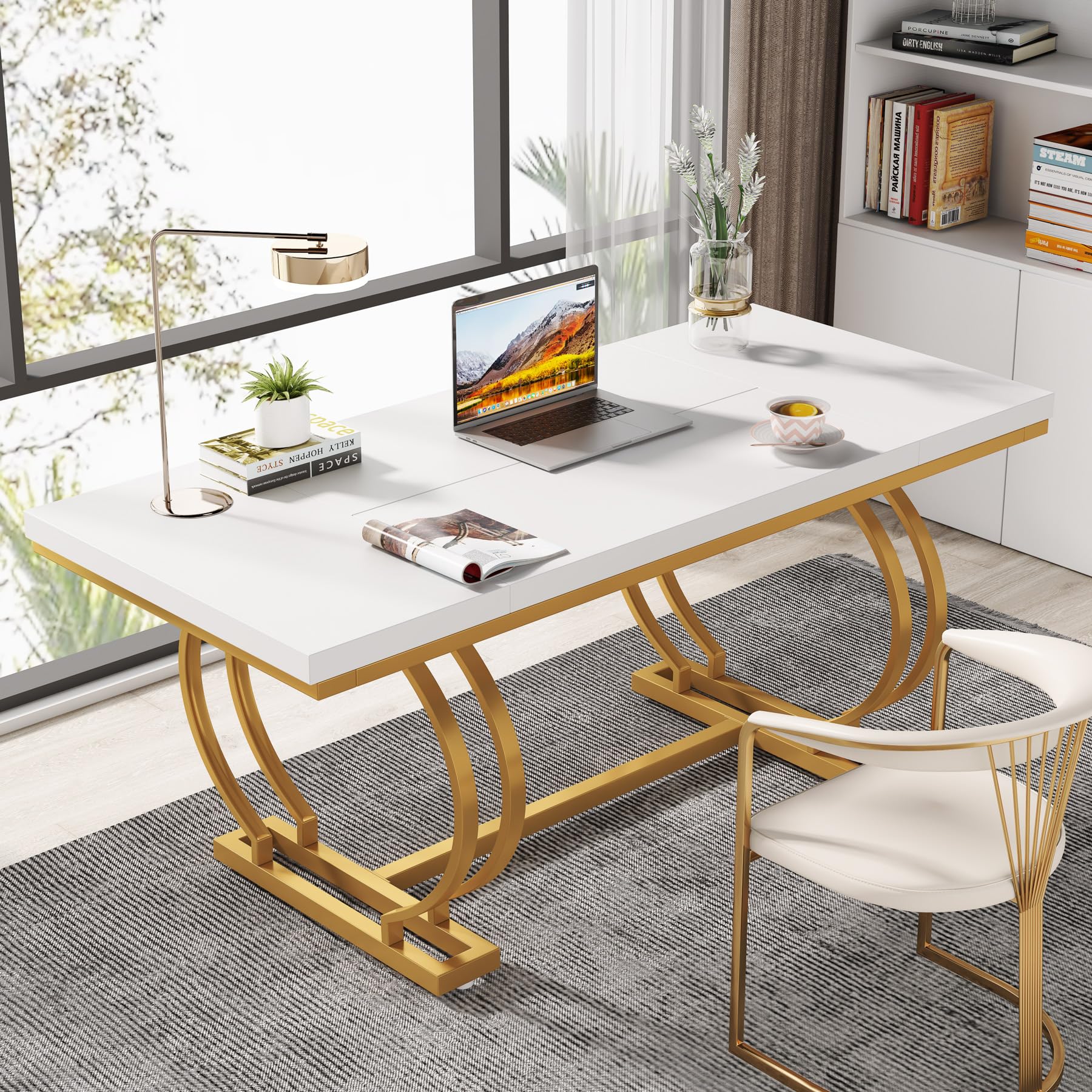Tribesigns 70.9" Executive Desk, Large Modern Office Desk Computer Desk with Gold Metal Frame, Conference Table Meeting Room Table for Home Office, White and Gold