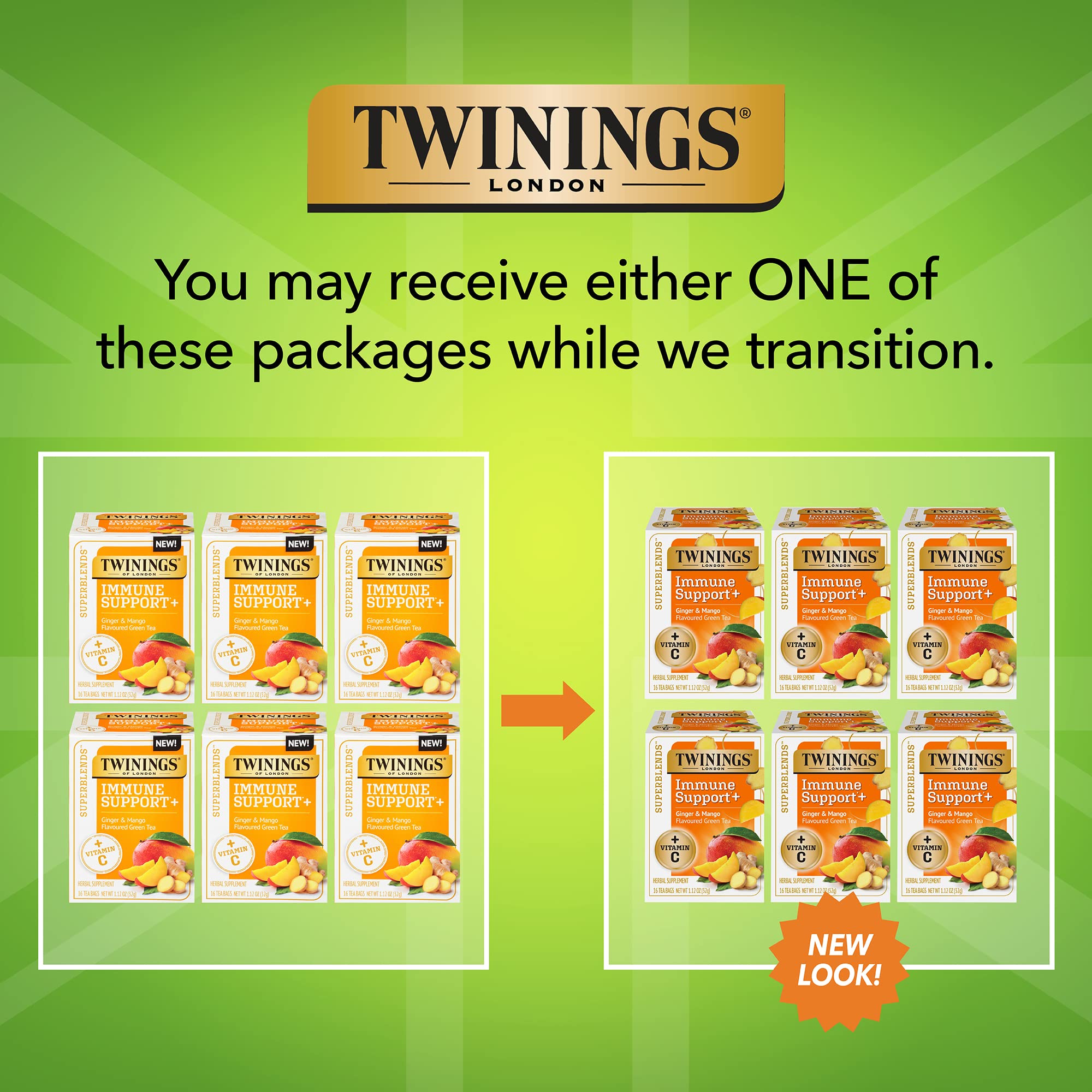 Twinings Superblends Immune Support+ Herbal Tea with Vitamin C, Ginger & Mango Flavoured Green Tea, 16 Tea Bags (Pack of 6), Enjoy Hot or Iced
