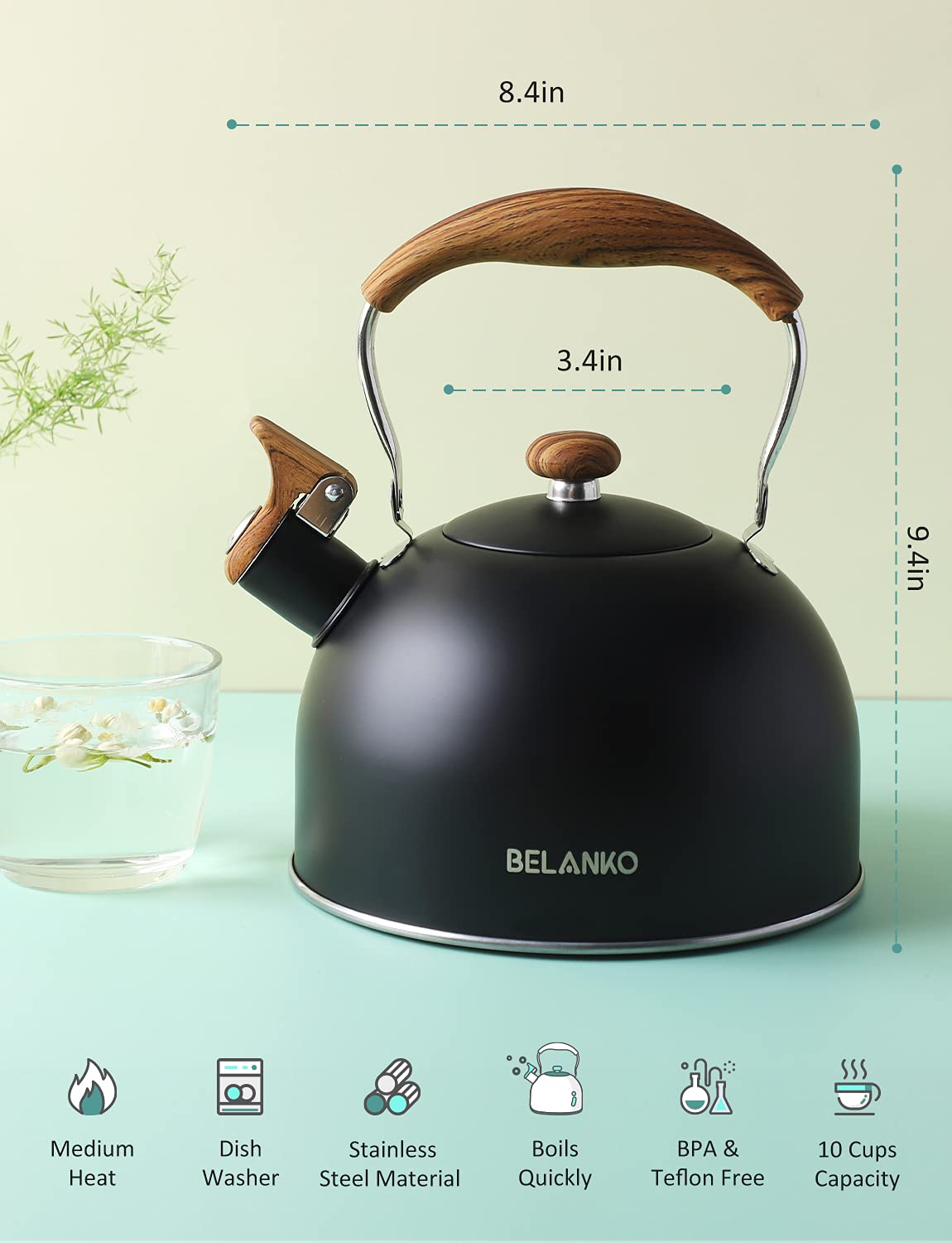 Tea Kettle, BELANKO 85 OZ / 2.5 Liter Whistling Tea Kettle, Tea Pots for Stove Top Food Grade Stainless Steel with Wood Pattern Folding Handle, Loud Whistle Kettle for Tea, Coffee, Milk - Black