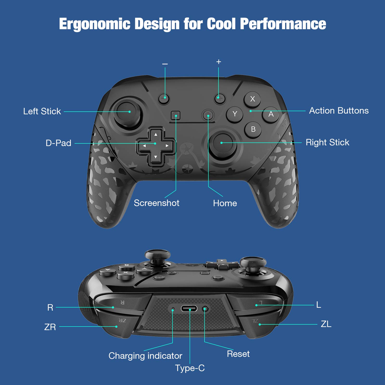 Y Team Wireless Switch Controller for Switch/Switch Lite, Switch Pro Controller Remote Gamepad Support NFC, Wake-up Function and Gyro Axis,1200mAh Battery - Black