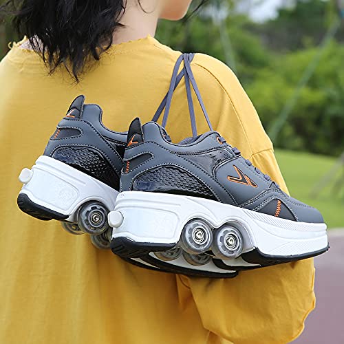 Women's Retractable Roller Skates Outdoor Girls Kick Roller Shoes Men Deformation Sneakers,Light blackr(浅黑色)-EU38/US7