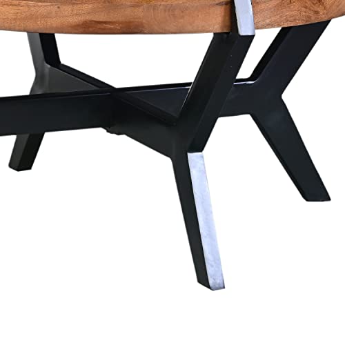 The Urban Port 30-Inch Industrial Round Acacia Wood Tray Coffee Table with Flared Metal Legs