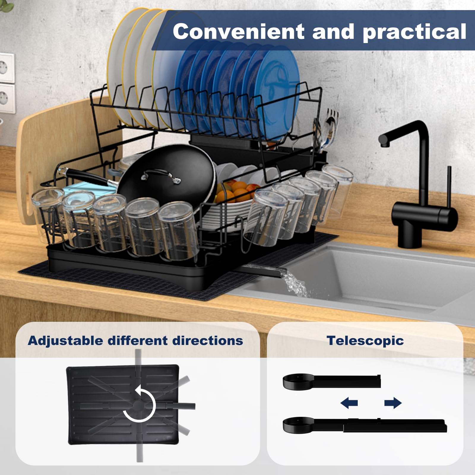 Yilingchild Dish Drying Rack, 2-Tier Dish Rack for Kitchen Counter,Large Dish Strainers with Drainboard , Dish Drainers with 2 Cup Holder, Extra Drying Mat,Black Utensil Holder