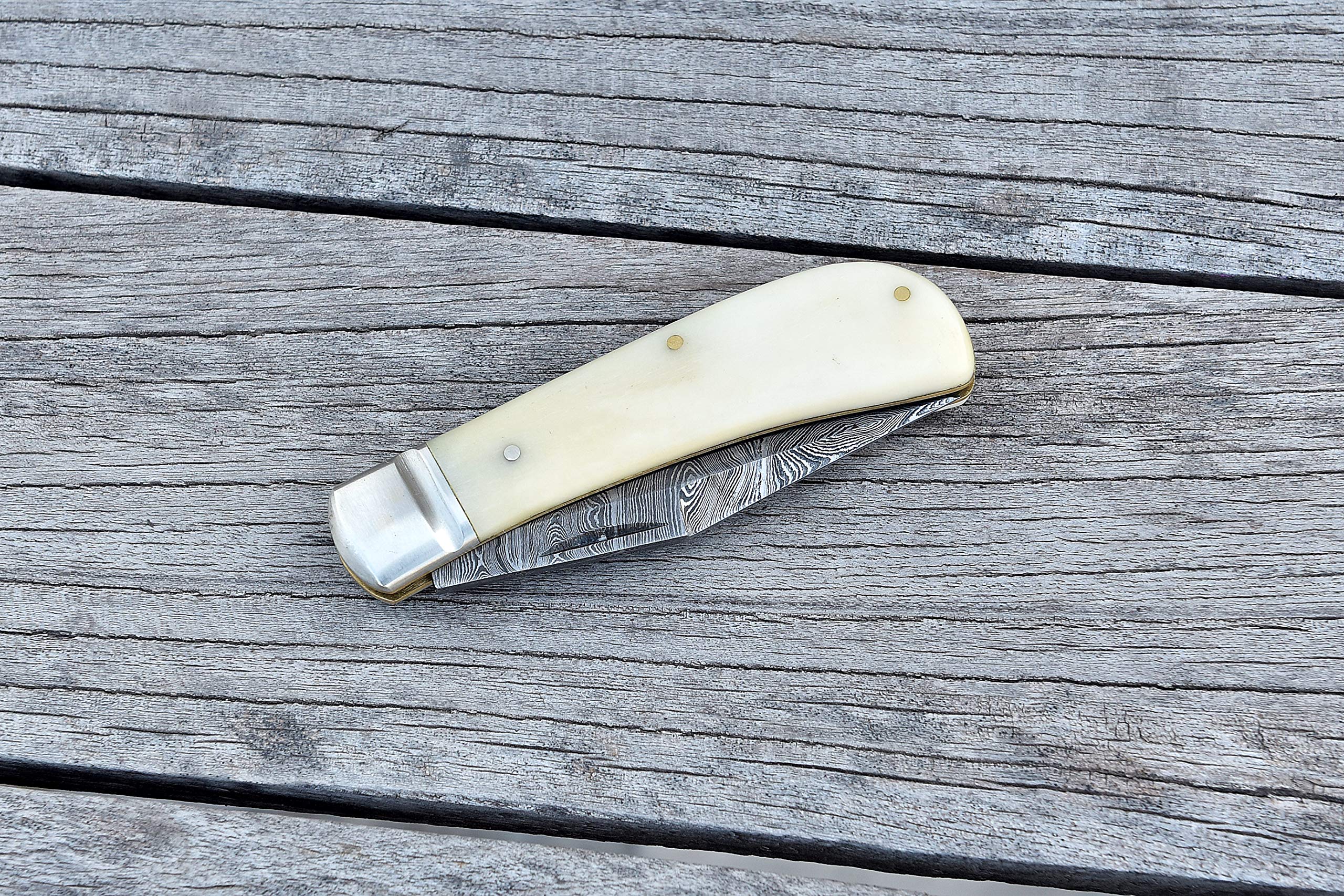 Zaildar Damascus Steel Pocket Knife - Handmade Folding Knife, EDC Knife, Hunting Knife, Camping Knife & Hiking Knife with Brass & Bone Handle & Leather Knife Sheath