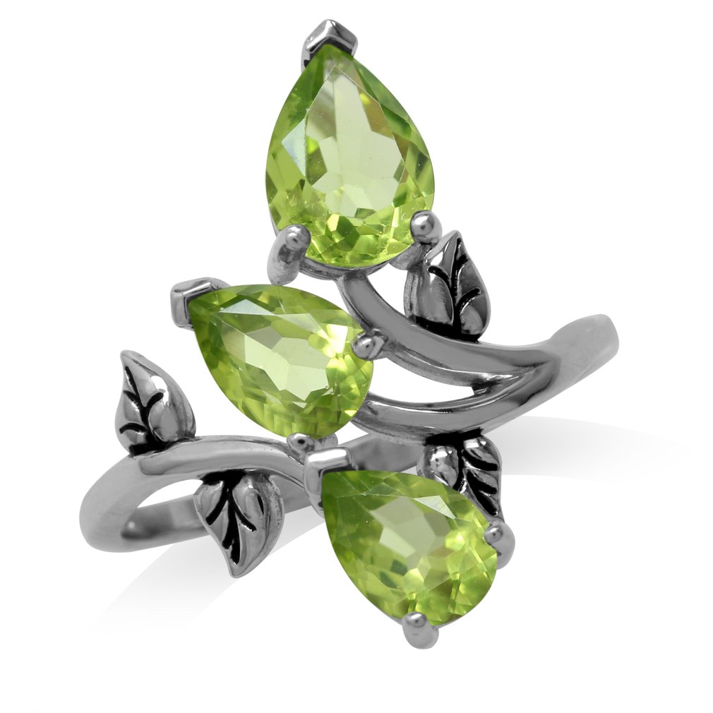 Silvershake 2.76ct. 3 Stone Natural Peridot 925 Sterling Silver Bypass Leaf Ring Size 9