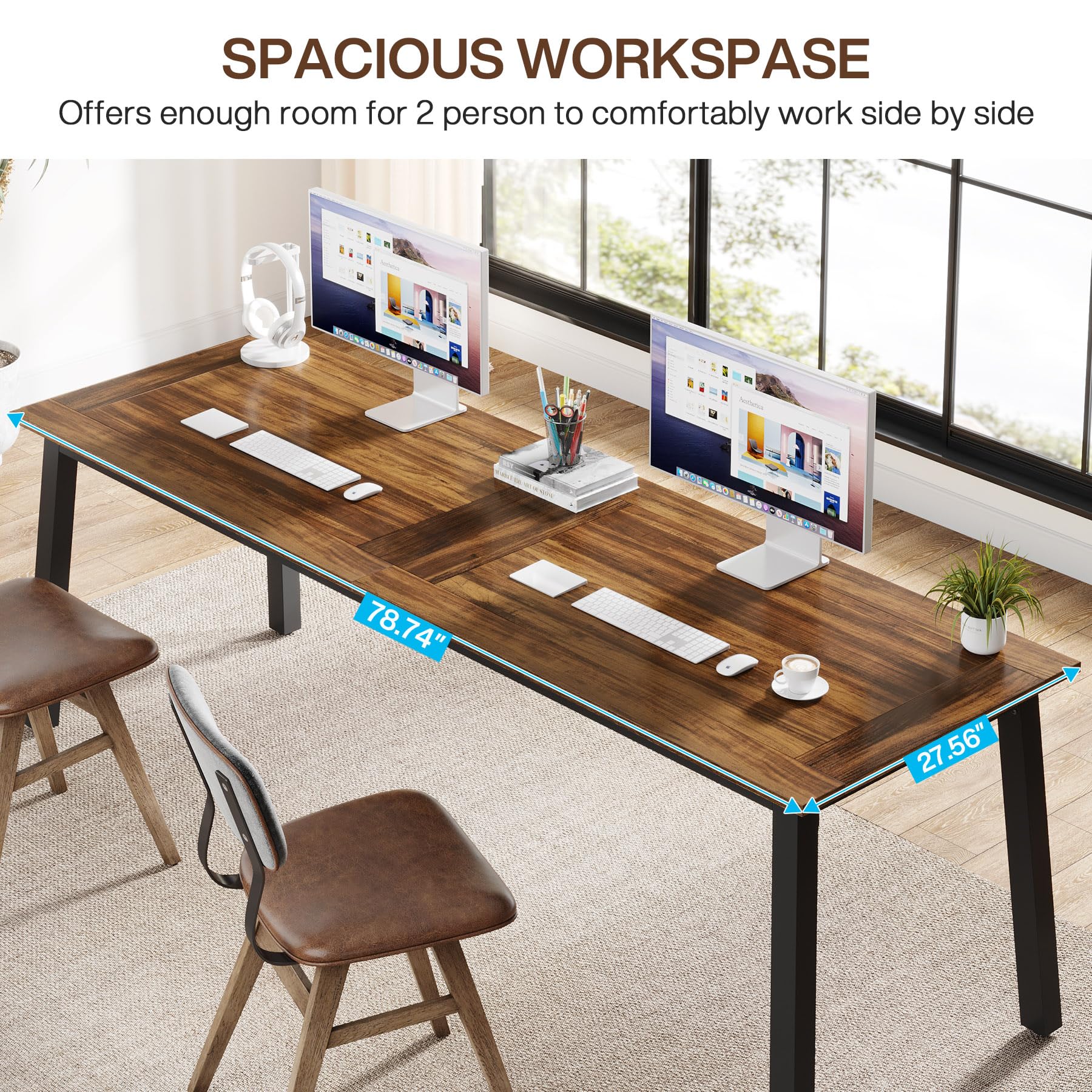 Tribesigns Two Person Desk, 78.7-Inch Extra Long Office Computer Desk for Two People, Double Long Desk Workstation for Home Office, Rustic Brown