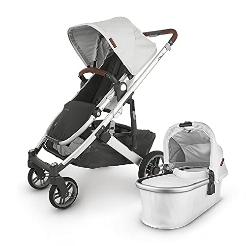 UPPAbaby Cruz V2 Stroller - Bryce (White Marl/Silver/Chestnut Leather) + Bassinet - Bryce (White Marl/Silver)