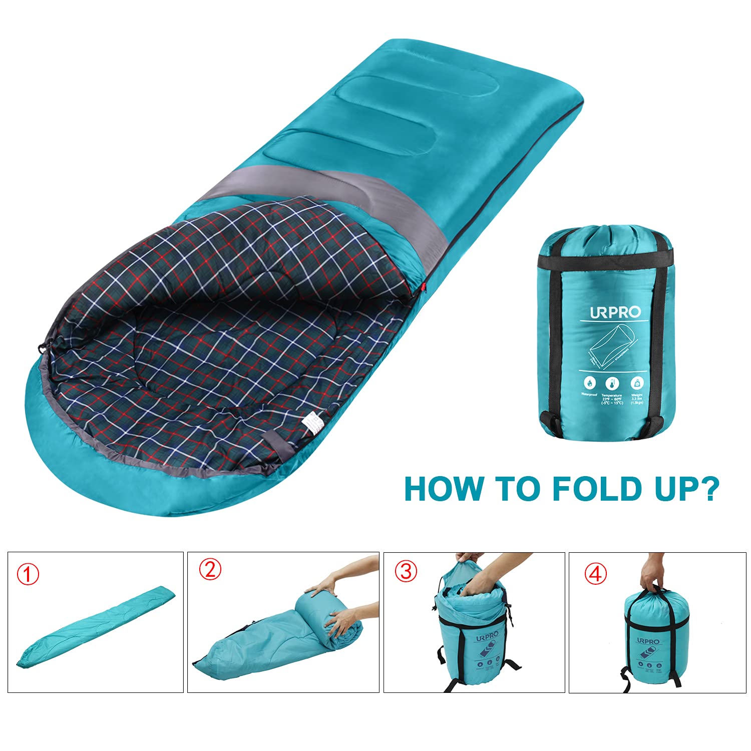 URPRO 1.6kg Sleeping Bag 3-4 Seasons Warm Cold Weather Lightweight, Portable, Waterproof Sleeping Bag with Compression Sack for Adults & Kids - Indoor & Outdoor: Camping, Backpacking, Hiking (Blue)