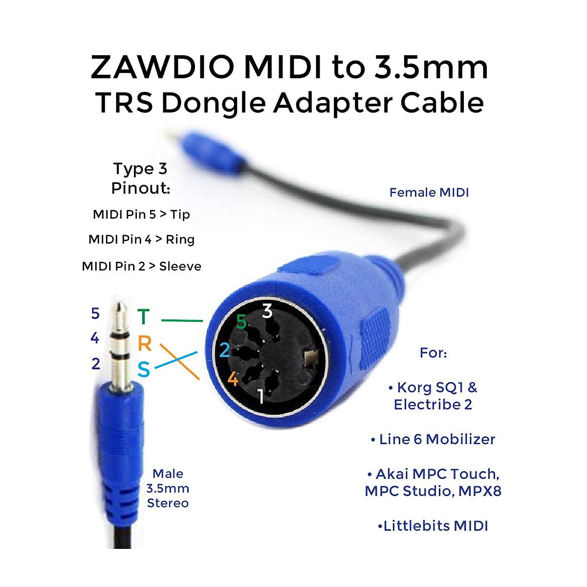 ZAWDIO - MIDI to 3.5mm Breakout Cable for - Akai, Korg, Line6, LittleBits - Midi Female to TRS 3.5mm Male - MPC Studio,Touch, MPX8, Electribe 2,SQ-1