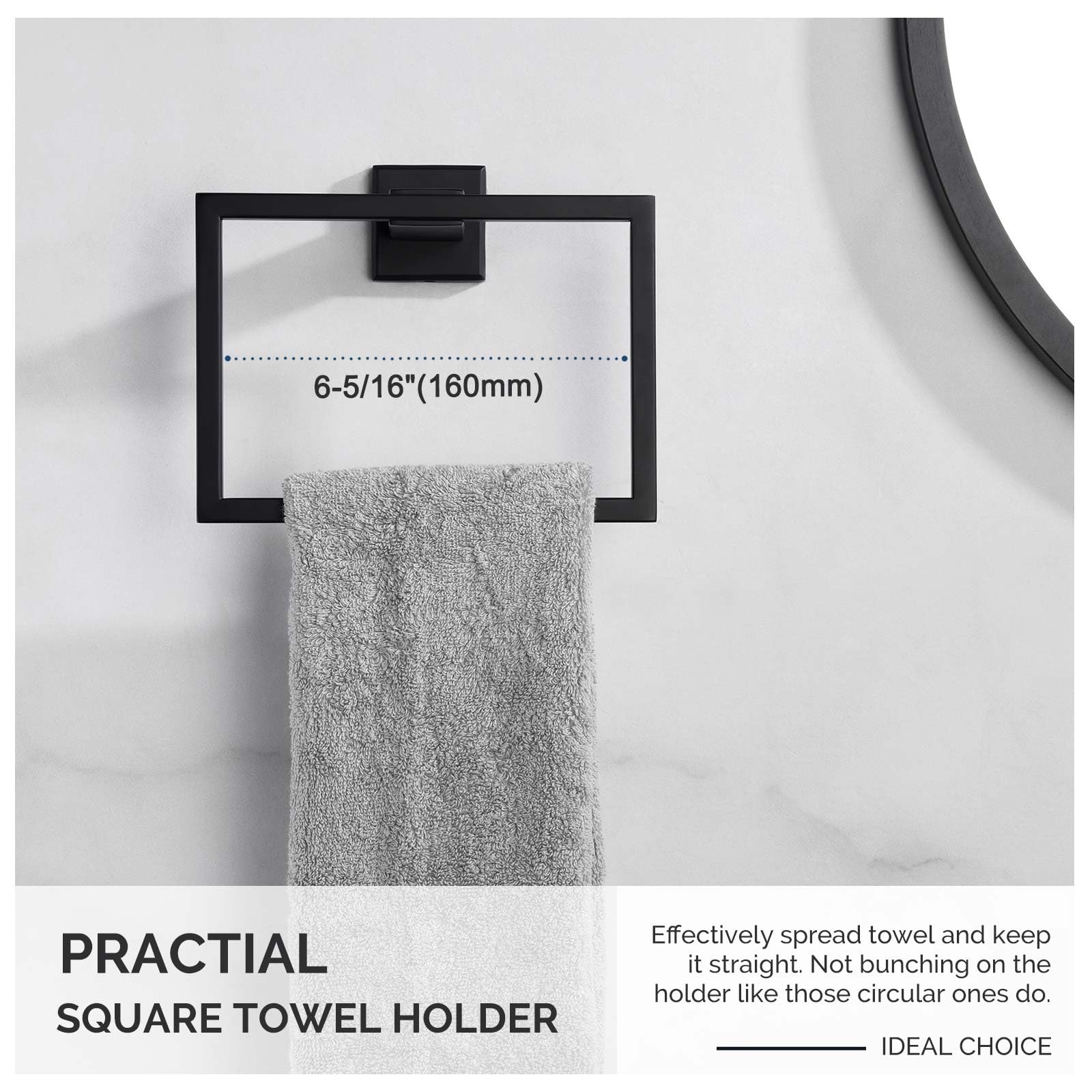 Towel Holder Matte Black, Angle Simple Stainless Steel Bathroom Hand Towel Rack, Square Towel Ring for Wall, 7.09-Inch