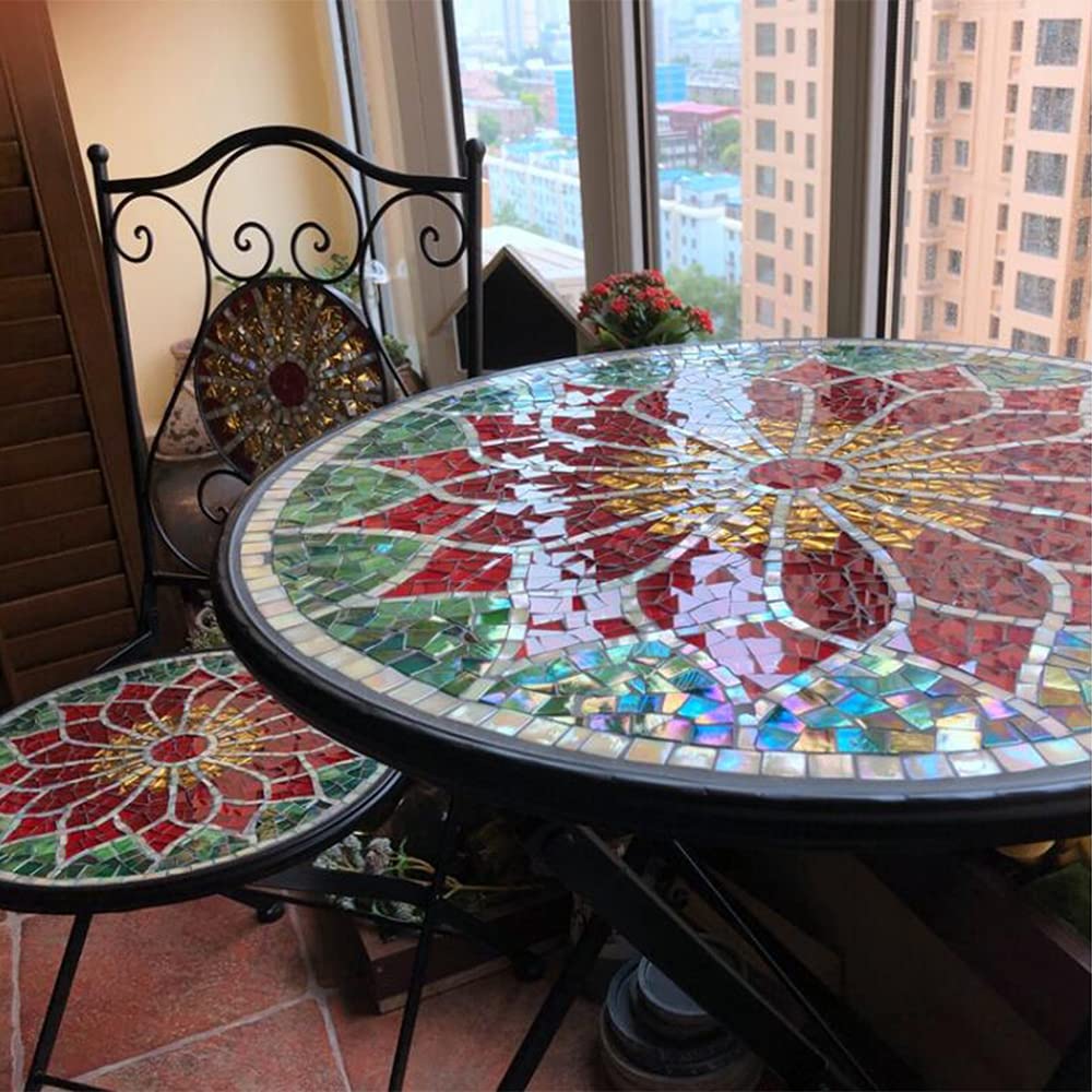 XIAOLIN Mosaic Side Table,Outdoor Garden Patio Tile Top Accent Desk with Round Hand Painted Glass, 23.6" Diameter