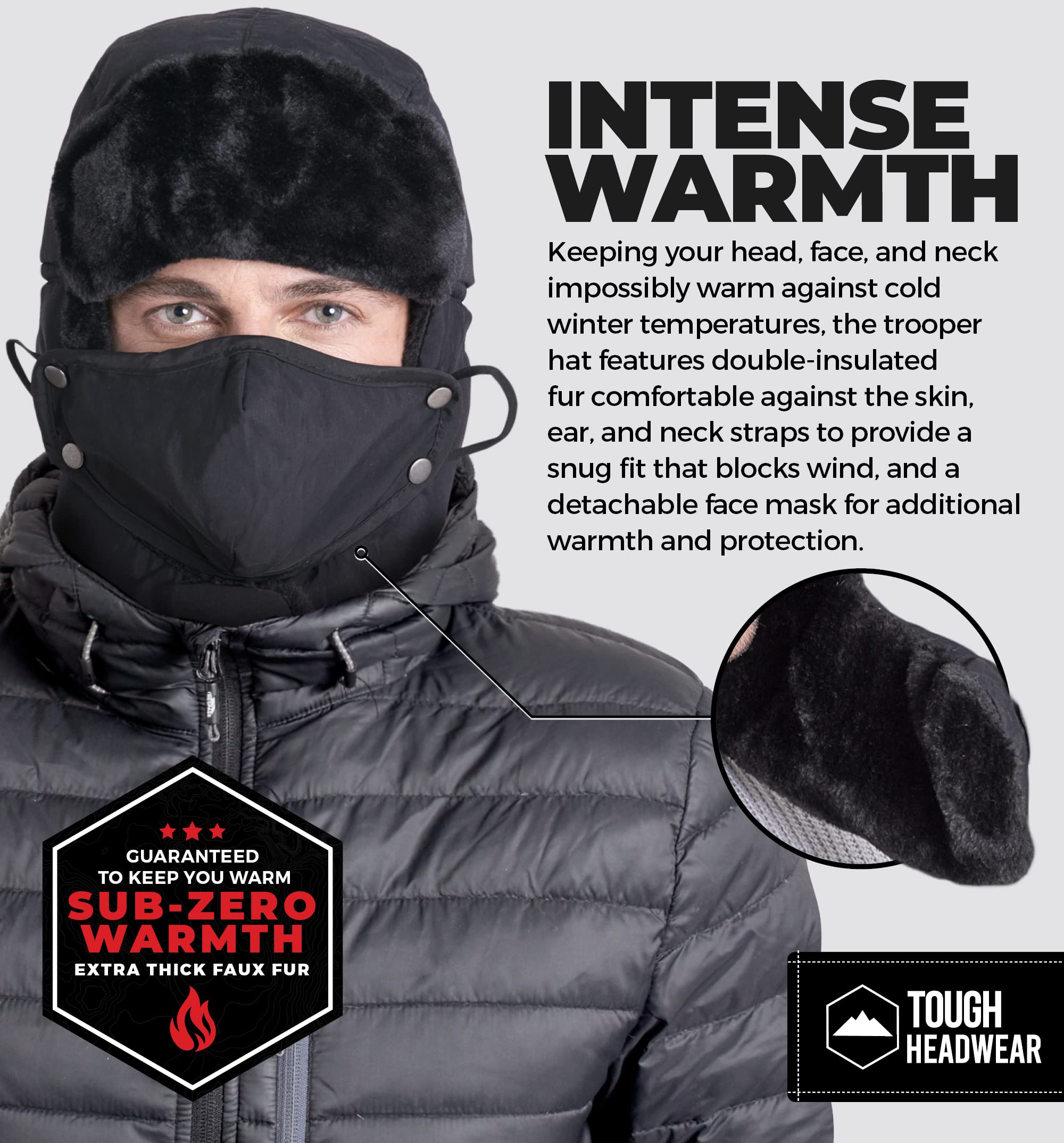 Tough Headwear Winter Trapper Hat with Mask - Russian Ushanka Trooper Aviator Hats for Men & Women -Snow Eskimo Hat with Ear Flaps for Cold - Full Black