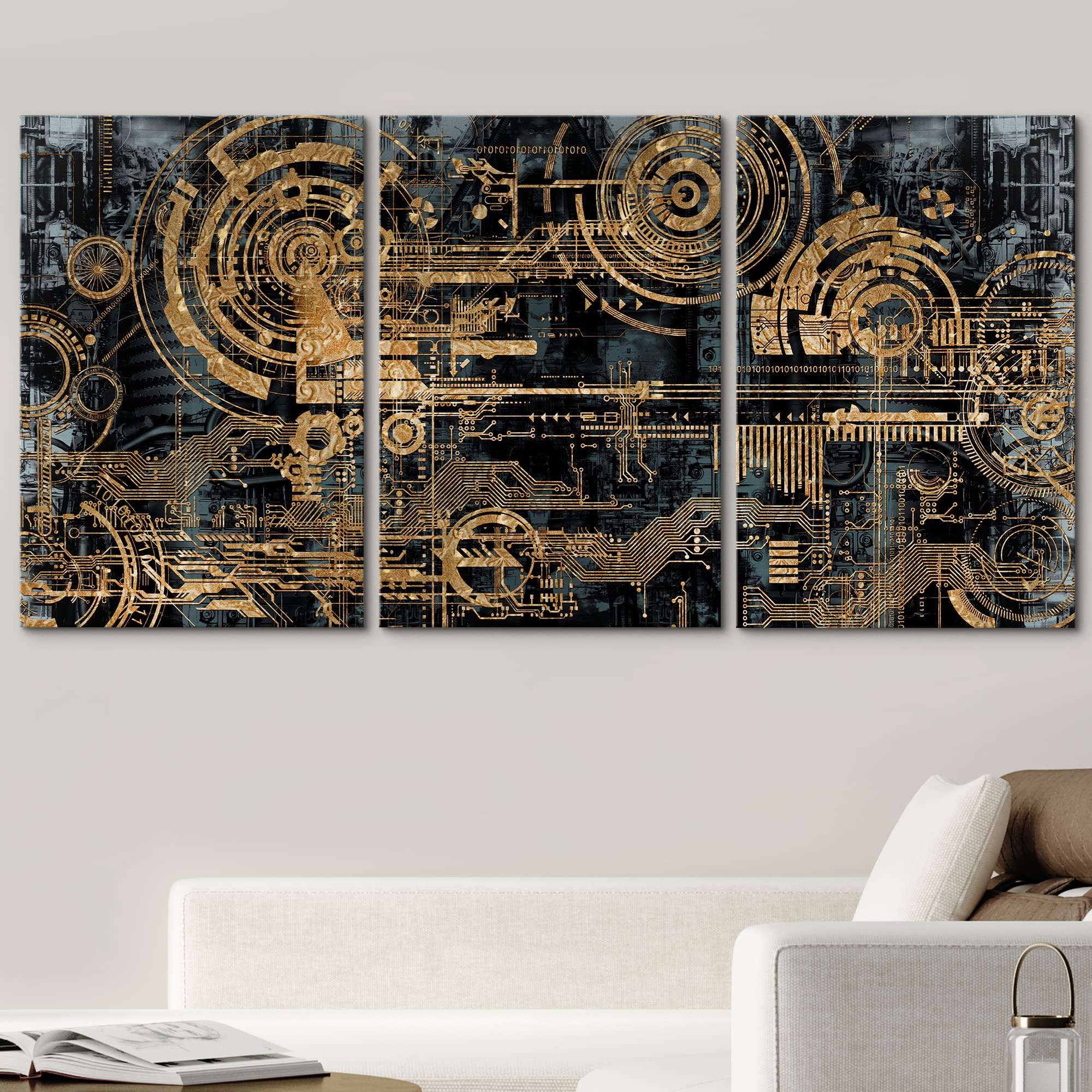 wall26 - 3 Piece Canvas Wall Art - a Technically Electronic Background with Device Objects - Modern Home Art Stretched and Framed Ready to Hang - 24"x36"x3 Panels