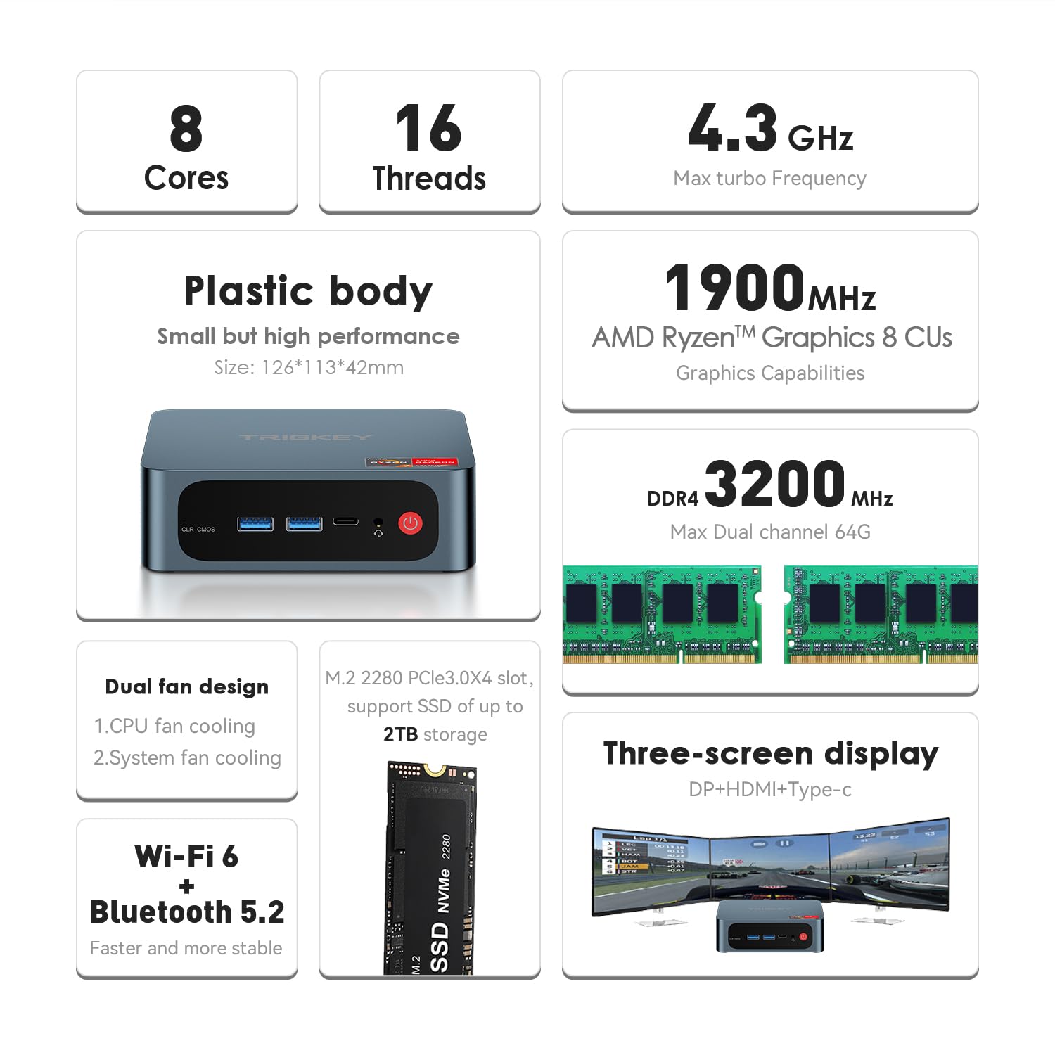 TRIGKEY Mini PC Ryzen 7 S5 5700U(8 Cores, 16 Threads) Mini Computer 32GB DDR4 500GB M.2 NVME(Max 3000MB/S) SSD Gaming S5 Mini Computer OS Pro. Wi-Fi 6/Bluetooth 5.2/4K@60Hz/HDMI+DP/USB 3.0 Micro PC