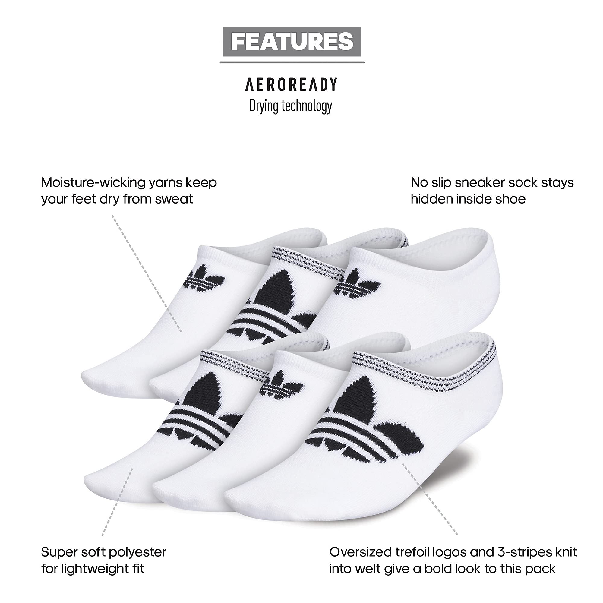adidas Originals Women's Originals Trefoil Superlite 6-Pack Super No Show, White/Black, Medium