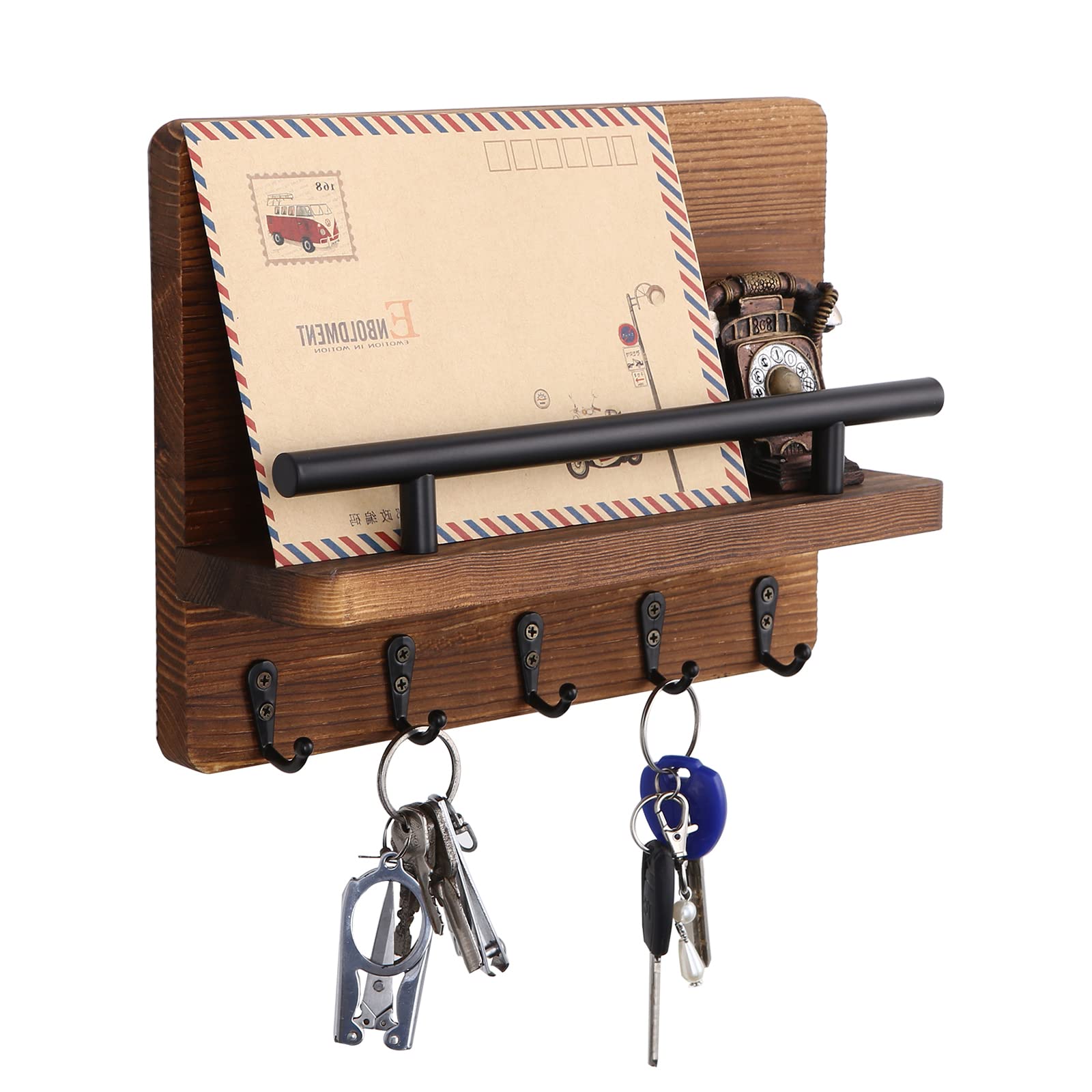 WuliYobo Key Holder for Wall, Key and Mail Holder for Wall, Key Hanger for Wall with Shelf, Wood Wall Shelf with Hooks, Mail Organizer for Wall Mount with Mounting Hardware (9.8”W x 7.2”H x 2.9”D)